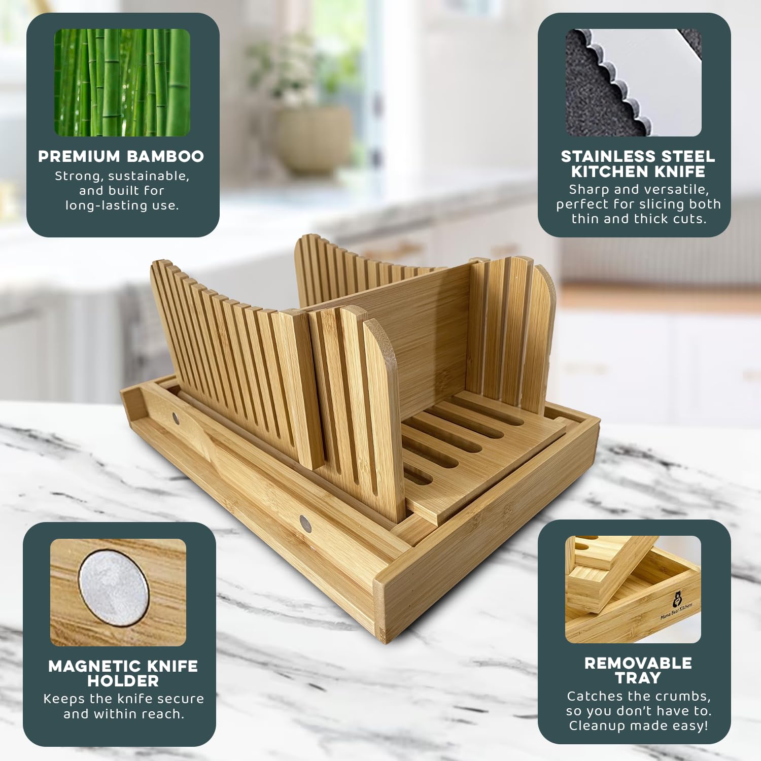Mama Bear Kitchens Bamboo Bread Slicer with Knife - Adjustable & Durable Bread Loaf Slicer with Crumb Tray & Foldable Bread Cutter Guide - Easy to Clean & Store Bread Slicer for Homemade Bread