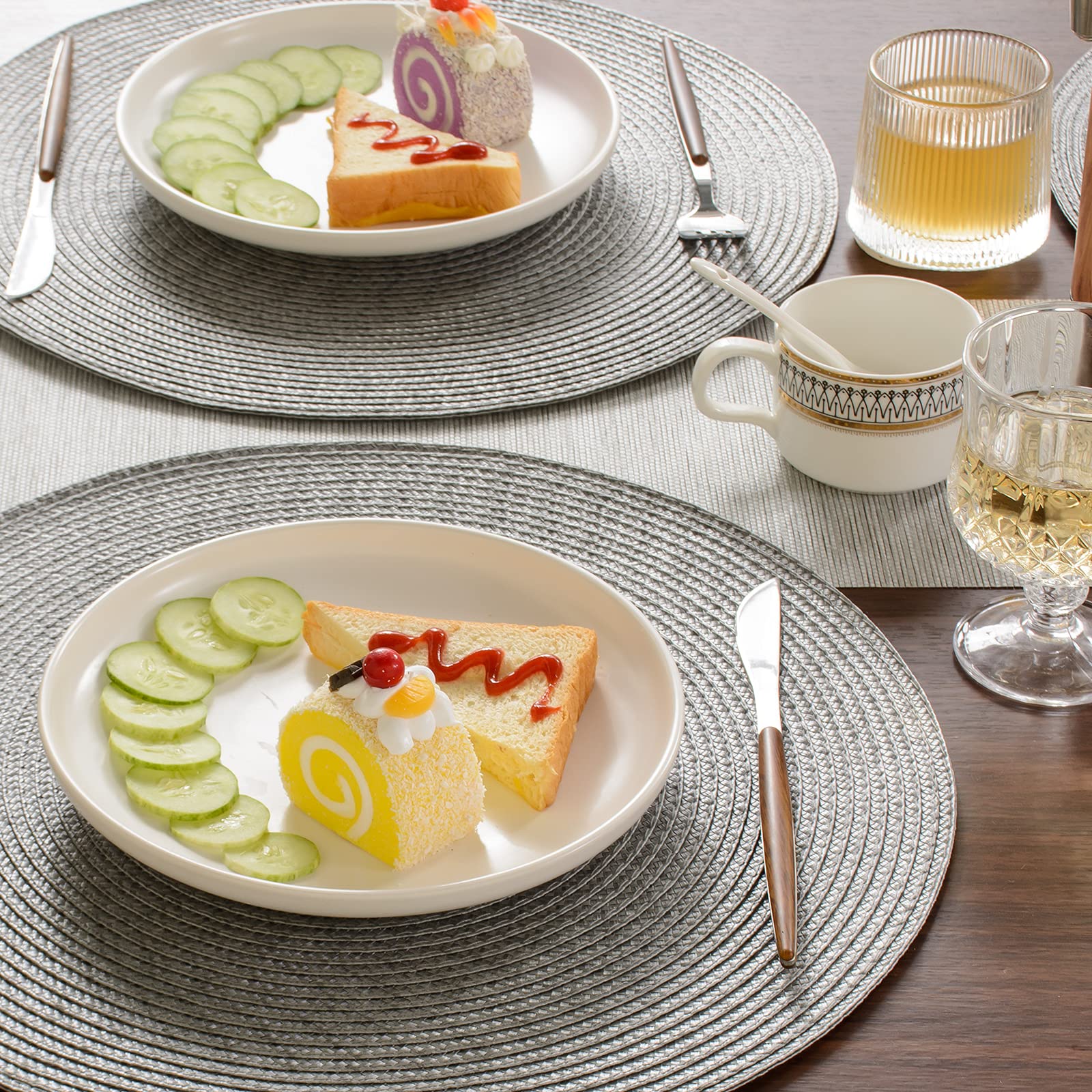 FunWheat Round Braided Placemats Set of 6 Table Mats for Dining Tables Woven Washable Non-Slip Place mats 15 inch for Spring (Grey, 6pcs)