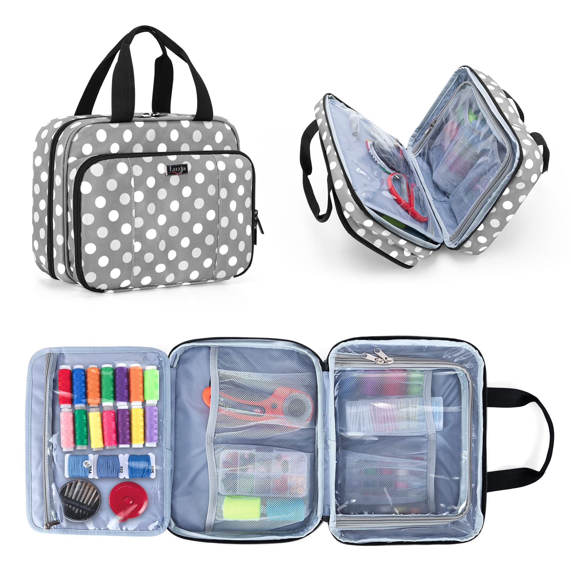 Luxja Large Sewing Organizer with 3 Inner Sections (Fold up Easily), Sewing Supply Organizer with Versatile Pockets (No Accessories Included), Polka Dots