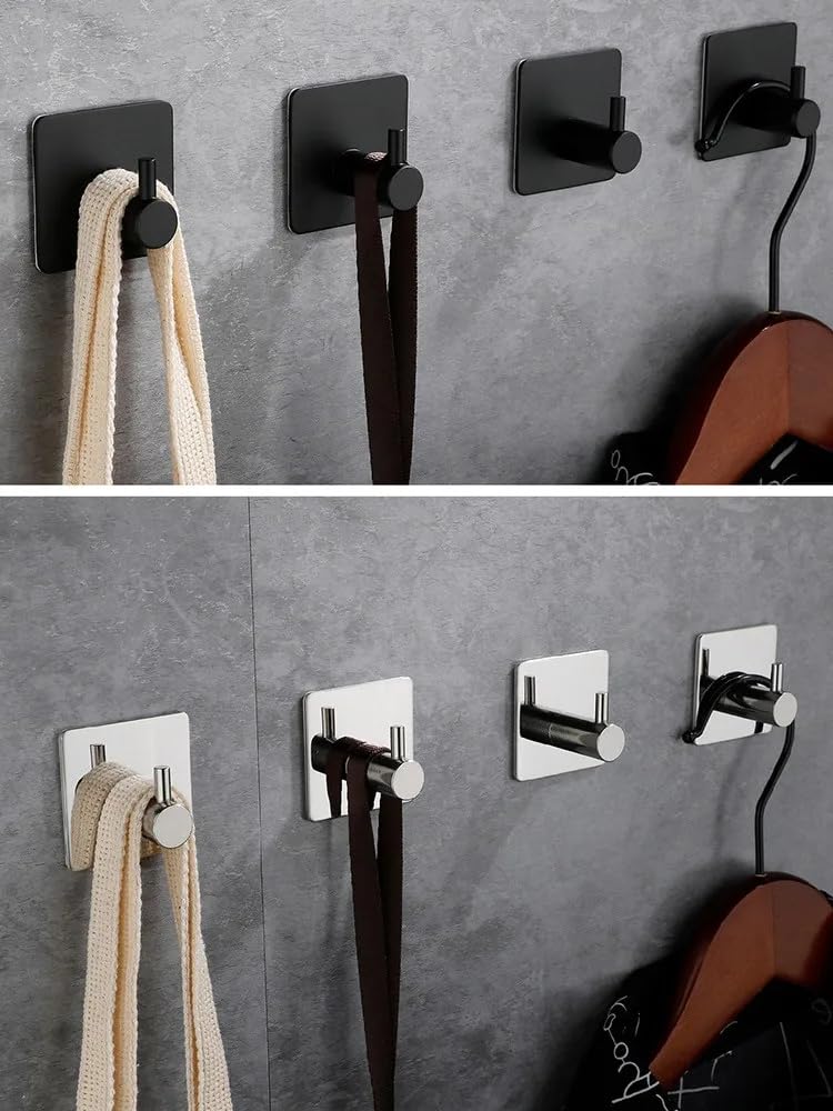 lesoe Heavy Duty Adhesive Hooks, Bathroom Hooks 4 Pack, SUS304 Stainless Steel Strong Strips Stick for Doors, Bathroom Kitchen Hanging Hats, Coats, Clothes, Wall Hangers Without Nail (4, Black-1)