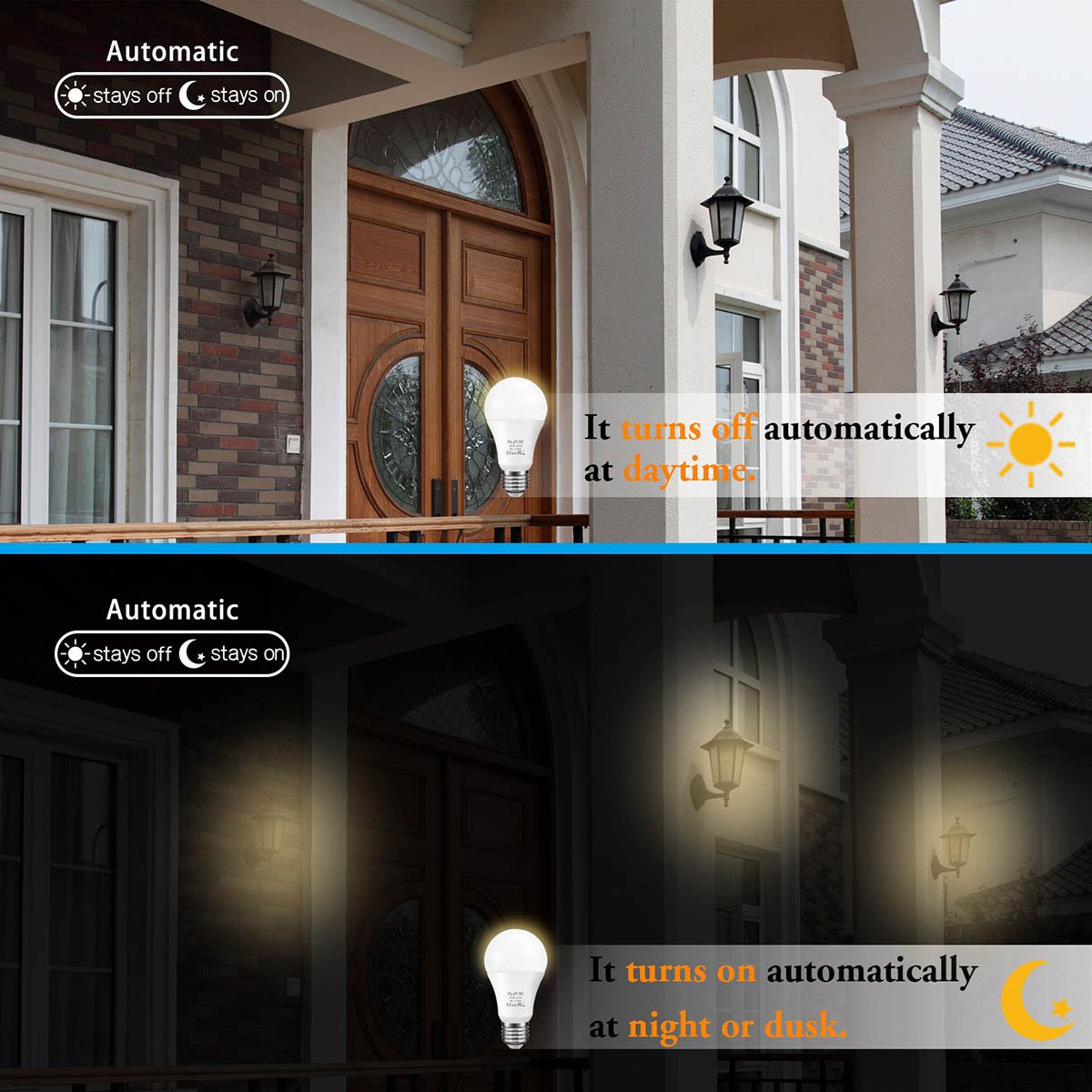 ProPOW Dusk to Dawn Light Bulb, Sensor LED Bulbs Smart Lights Bulb 5W A19 Automatic On/Off, Indoor/Outdoor Lighting Lamp for Porch Garage Driveway Yard Hallway(E26,Soft White,2-Pack)
