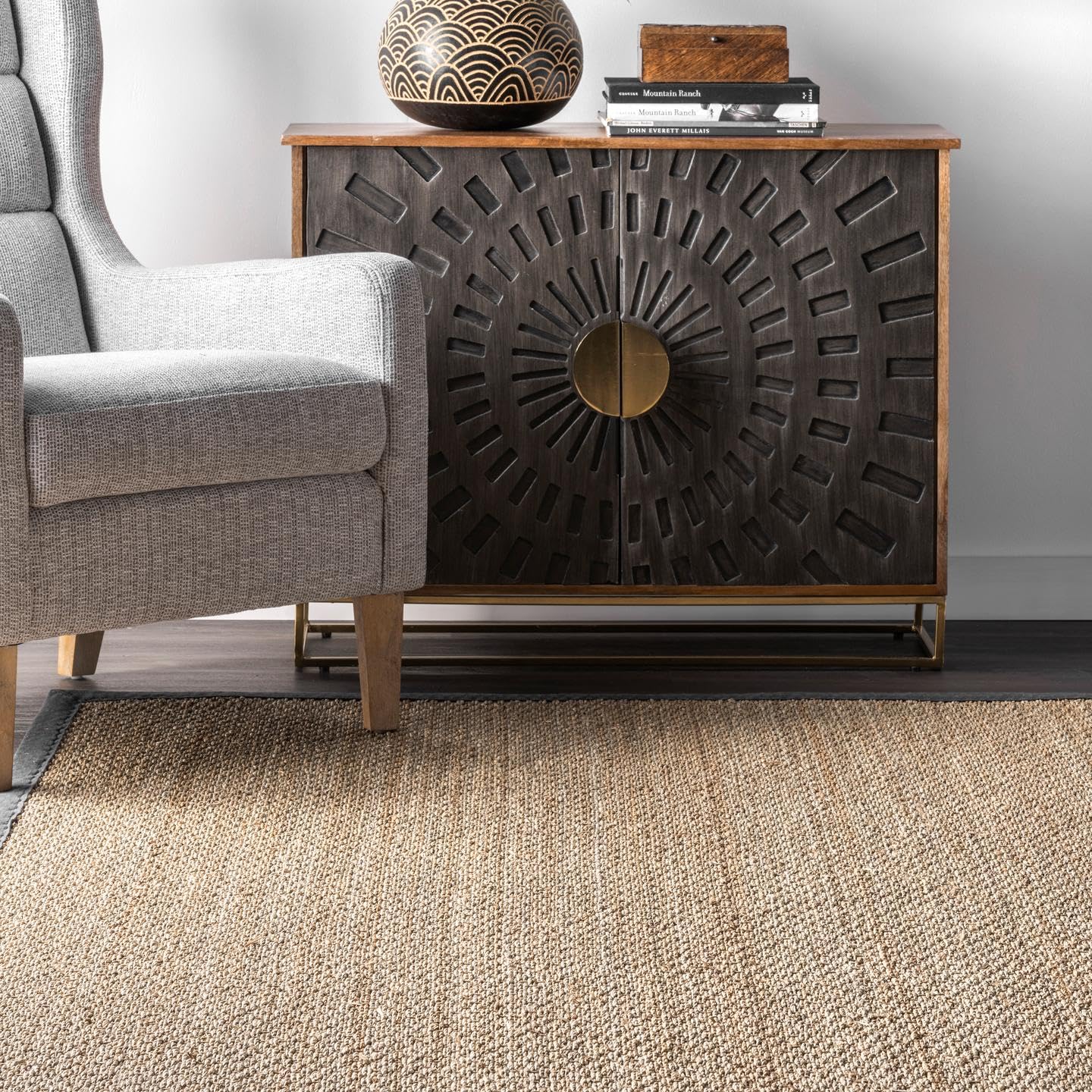 nuLOOM 2x8 Elijah Seagrass Area Rug, Dark Grey, Solid Farmhouse Style, Cotton Bordered, Basketweave, Natural Fiber, For Bedroom, Dining Room, Living Room, Hallway, Office, Kitchen, Entryway