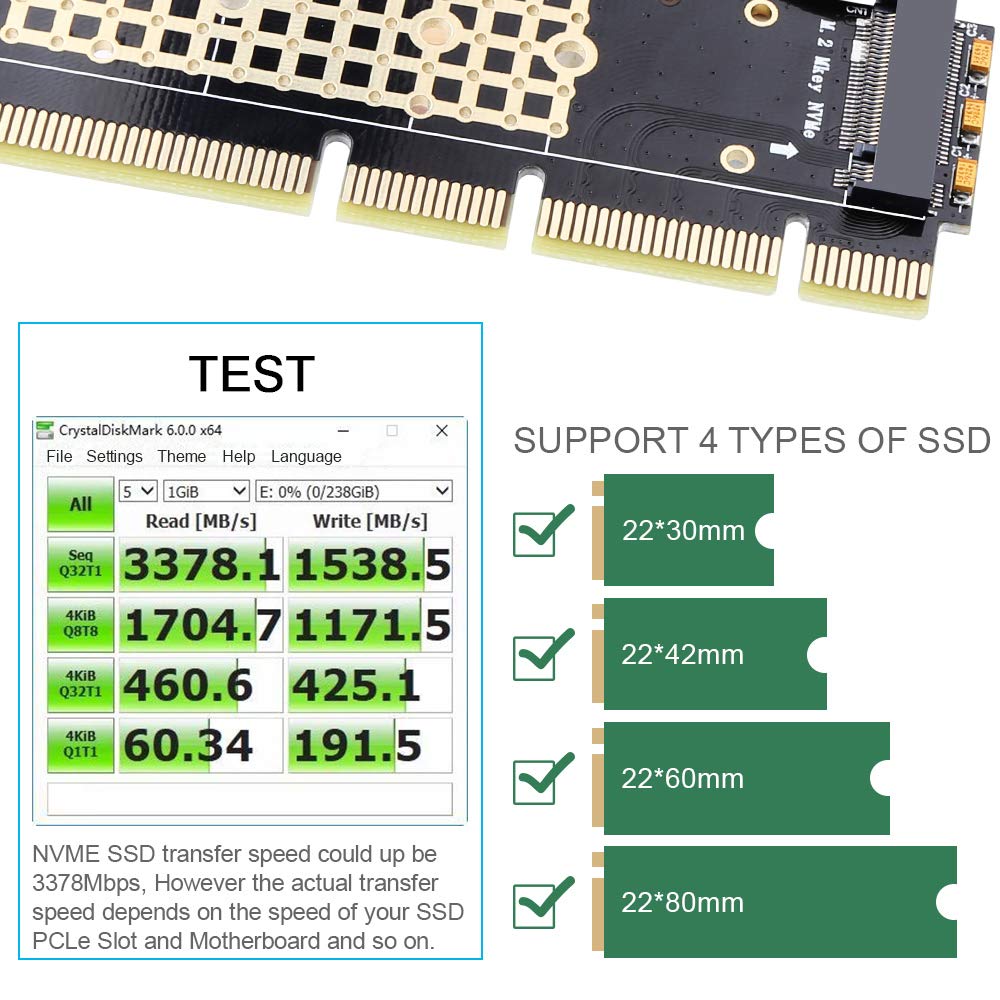 ELECTOP M.2 NVMe Adapter, SSD to PCIe Card,M2 (Key M) Driver with Silicone Cooling Pad,Hard Drive Adapter,Support PCIe x4 x8 x16 Slot, 2230 2242 2260 2280,Compatible with Windows XP / 7/8 / 10