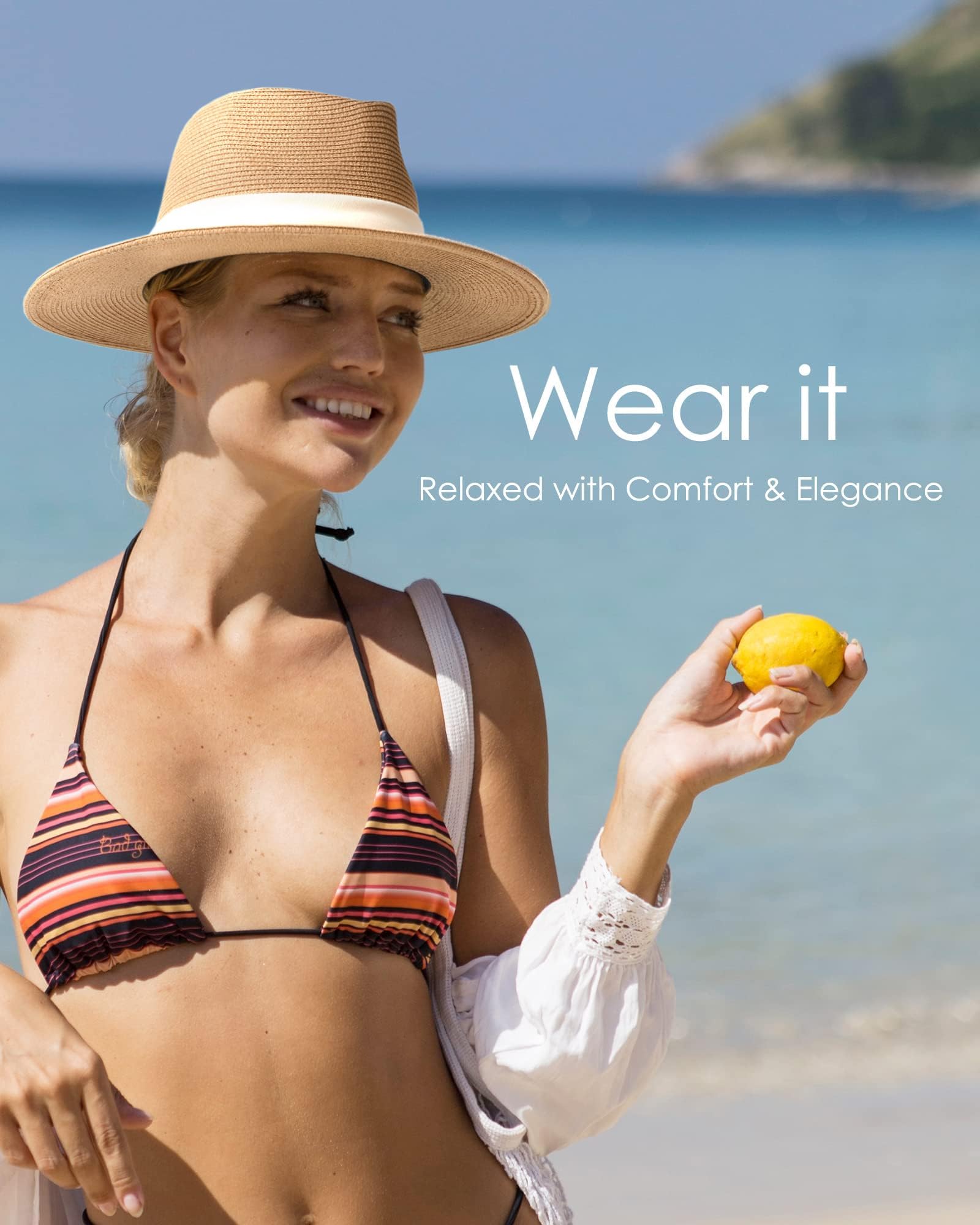 FURTALK Panama Hat Sun Hats for Women Men Wide Brim Fedora Straw Beach Hat UV UPF 50 Brown
