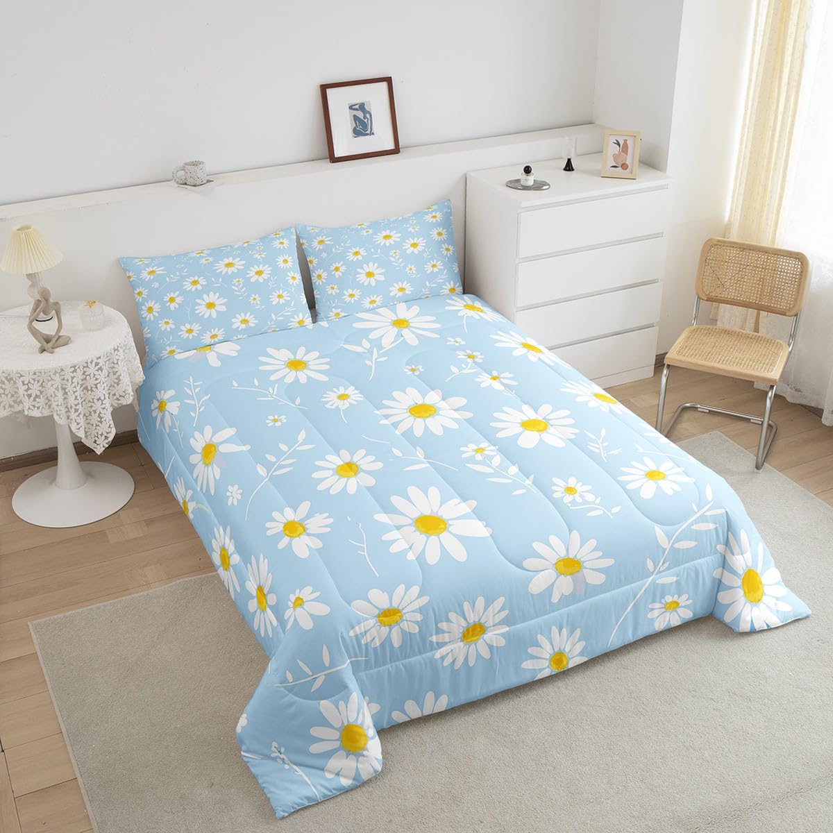 Manfei Daisy Comforter Set Twin Size, White Flower Leaves Bedding Set 2pcs for Kids Boys Girls Bedroom Decor, Botanical Garden Artwork Quilt Set Soft Polyester Duvet Set with 1 Pillowcase