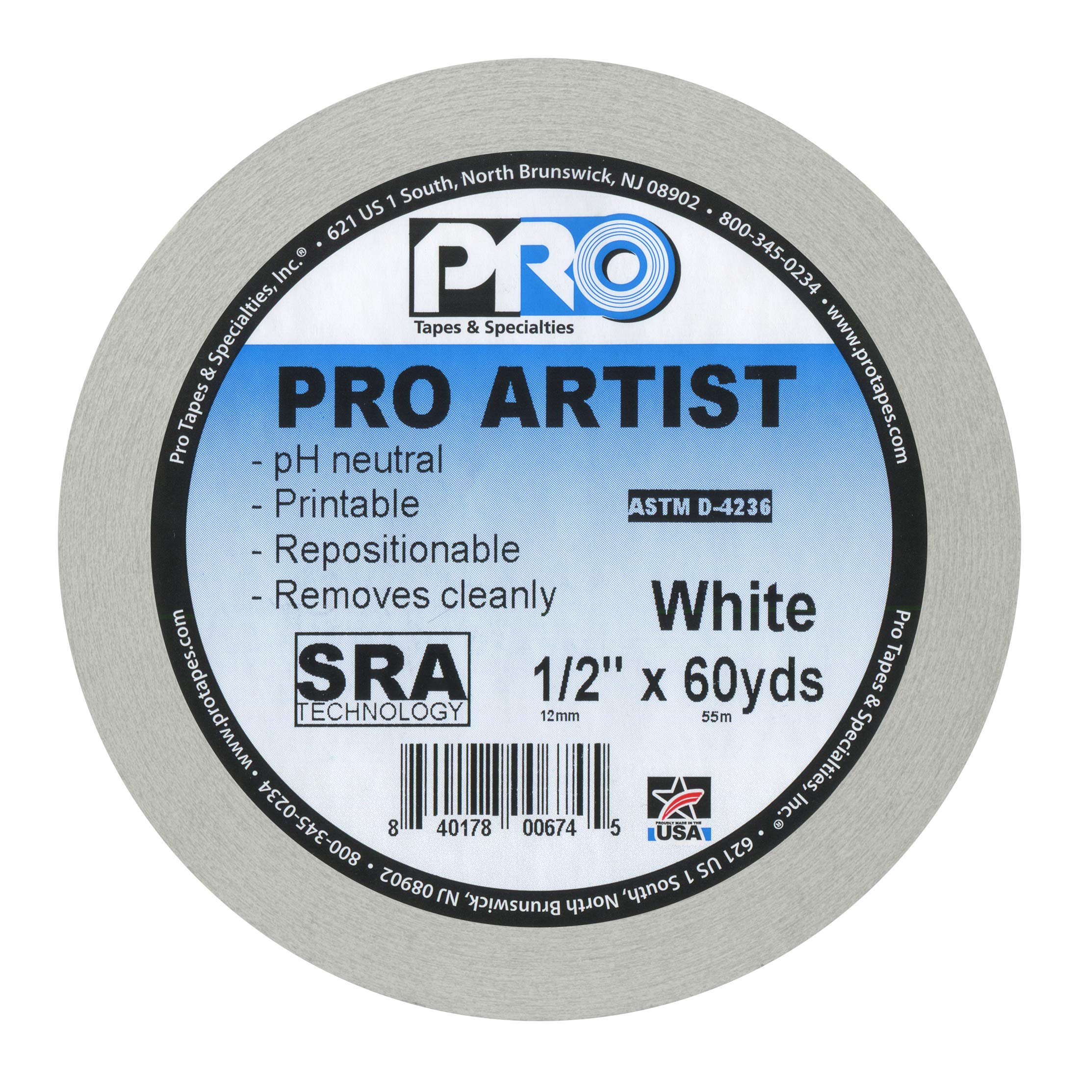 ProTapes Artist Tape Flatback Printable Paper Board or Console Tape, 60 yds Length x 1/2" Width, White (Pack of 1)