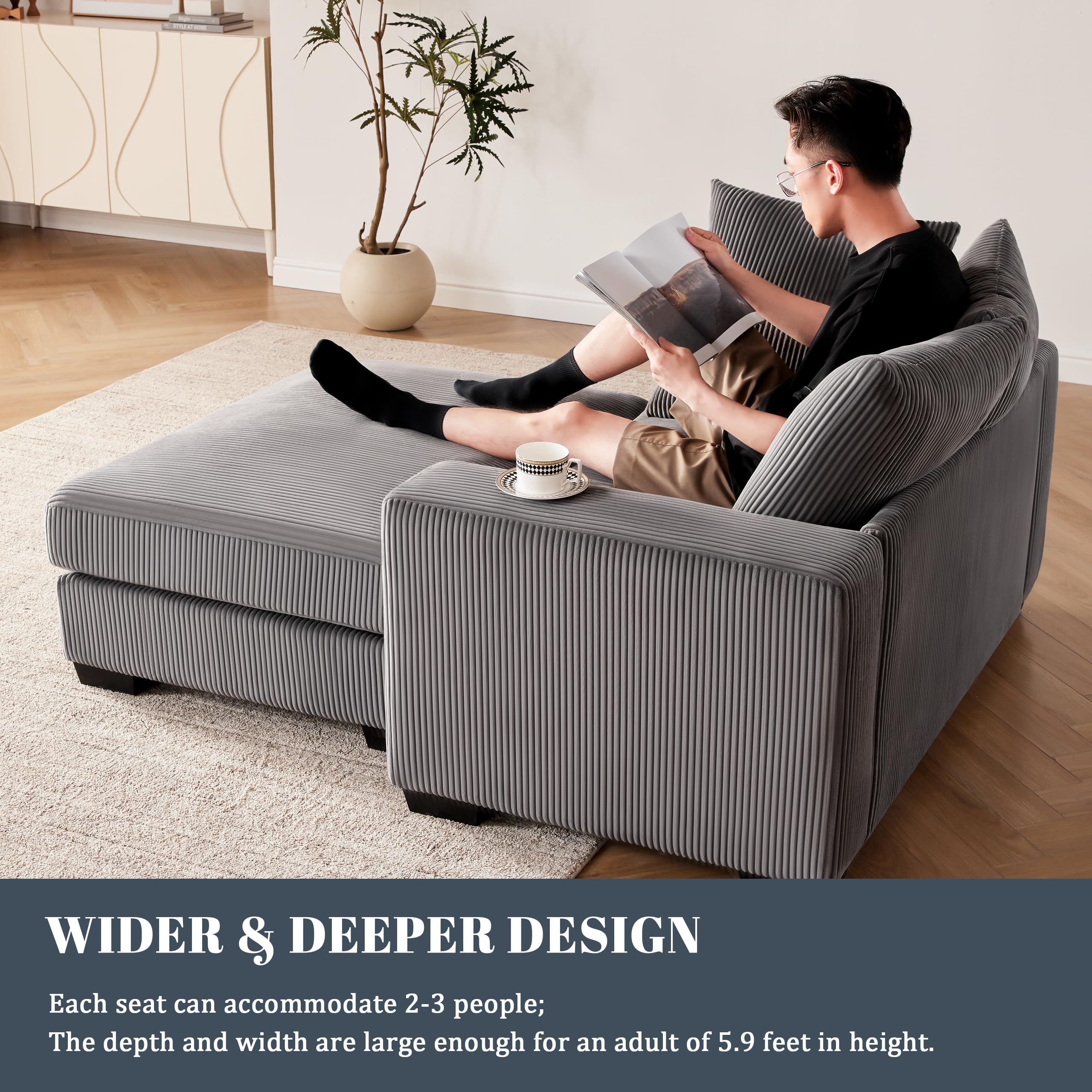 Mangodan 101.6" Deep Seat Modular Sectional Sofa, Comfy Corduroy Sectional Couches for Living Room, L-Shaped Upholstered Cloud Couch with Chaise, Widened Armrests for 4 People, Dark Grey