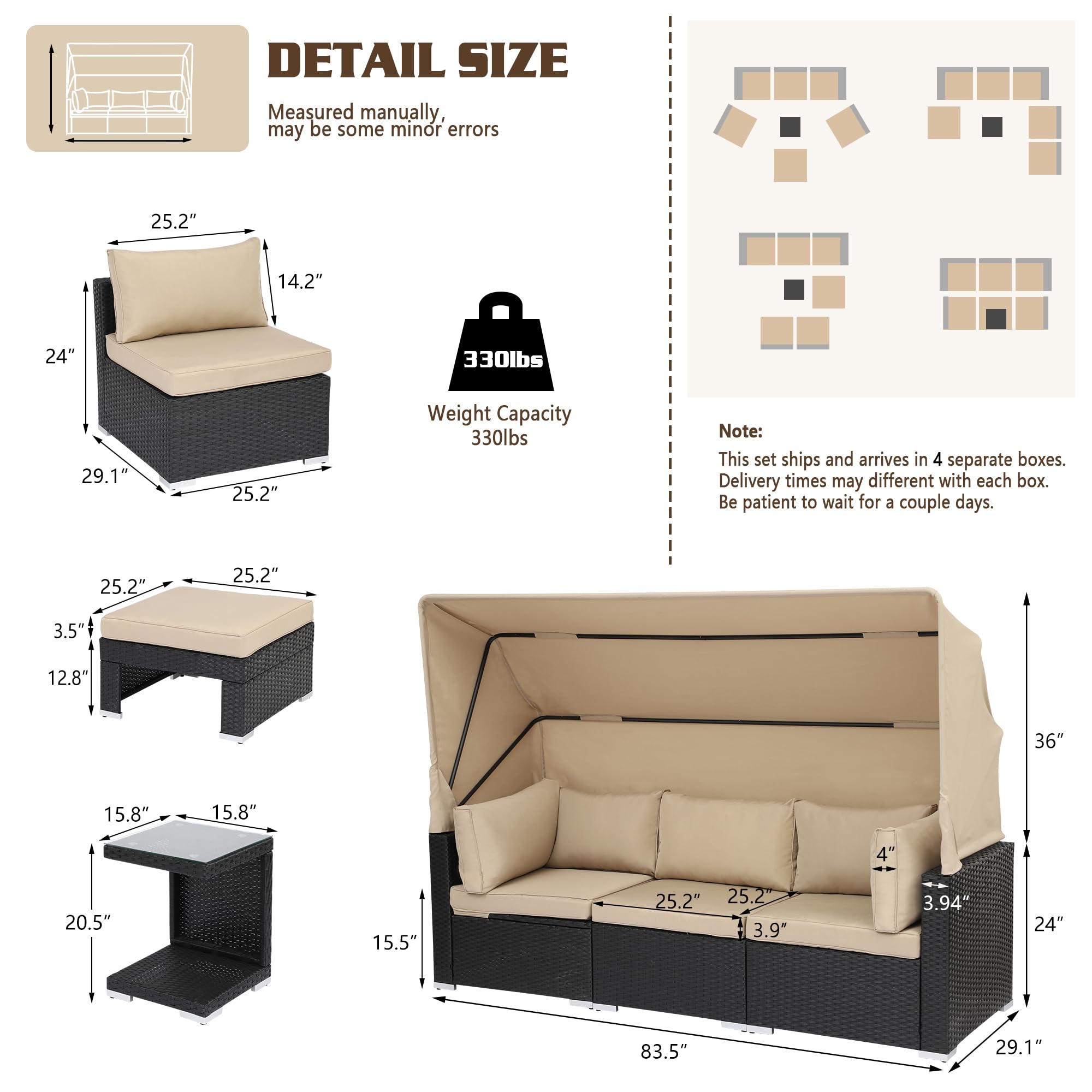 LETATA 7 Pieces Wicker Patio Furniture Sets, Rattan Daybed with Retractable Canopy, Outdoor Sectional Sofa Set with Adjustable Backrest, Chaise Chair Sunbed for Garden Poolside Backyard (Khaki)