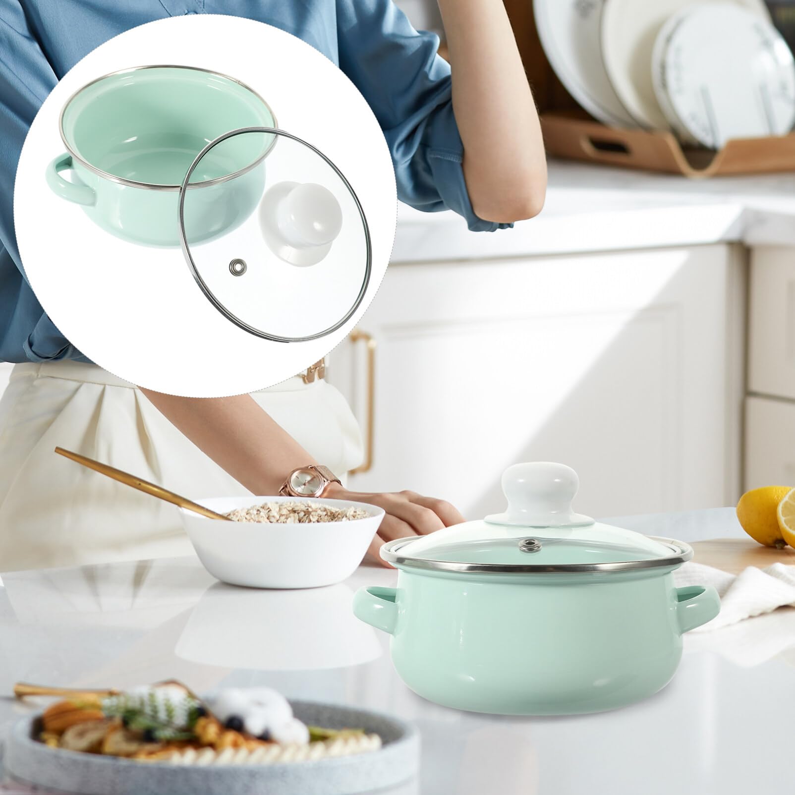 Luxshiny Enamel Stock Pot Set Enamelware Cooking Pot 3pcs Binaural Soup Pot Flat Bottom Pots with Lids Nonstick Gas Stove Cookware for Home Kitchen Restaurant Blue
