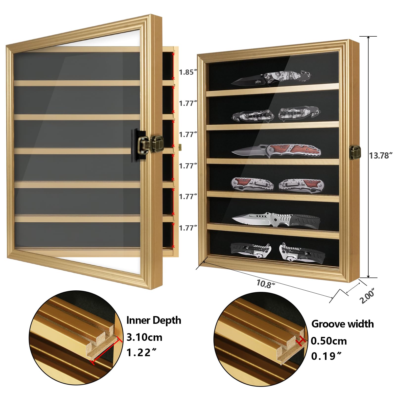 Pocket Knife Display Case,6 Rows Knife Display Case with HD Toughened Glass,Military Folding Knife Shadow Box Wall Cabinet - Knife Cases for Collections with Removable 2 Grooves Shelves, Black