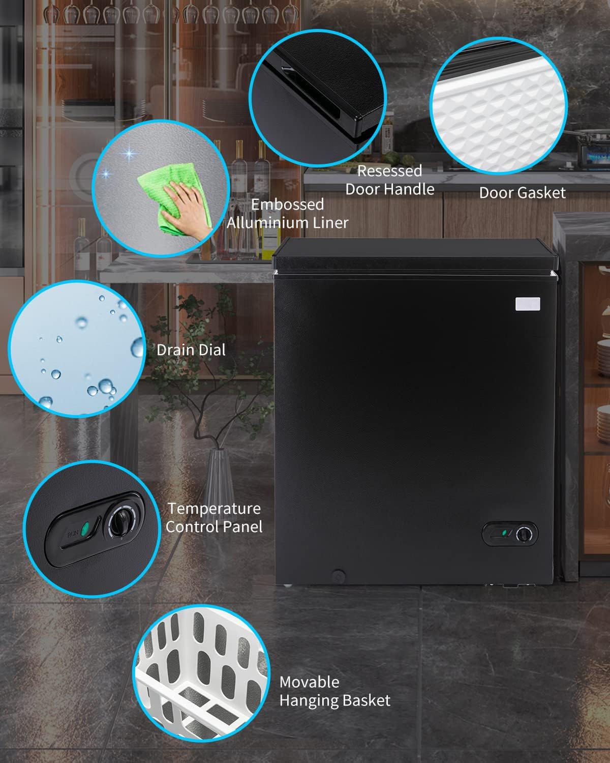 Muhub 5.0 Cu.Ft Chest Freezer,Deep Freezer with Removable Basket,Compact Freezer with Top Open Door, Adjustable Temperature, Low noise,Suitable for Kitchen Dorm Garage and Shed,Black