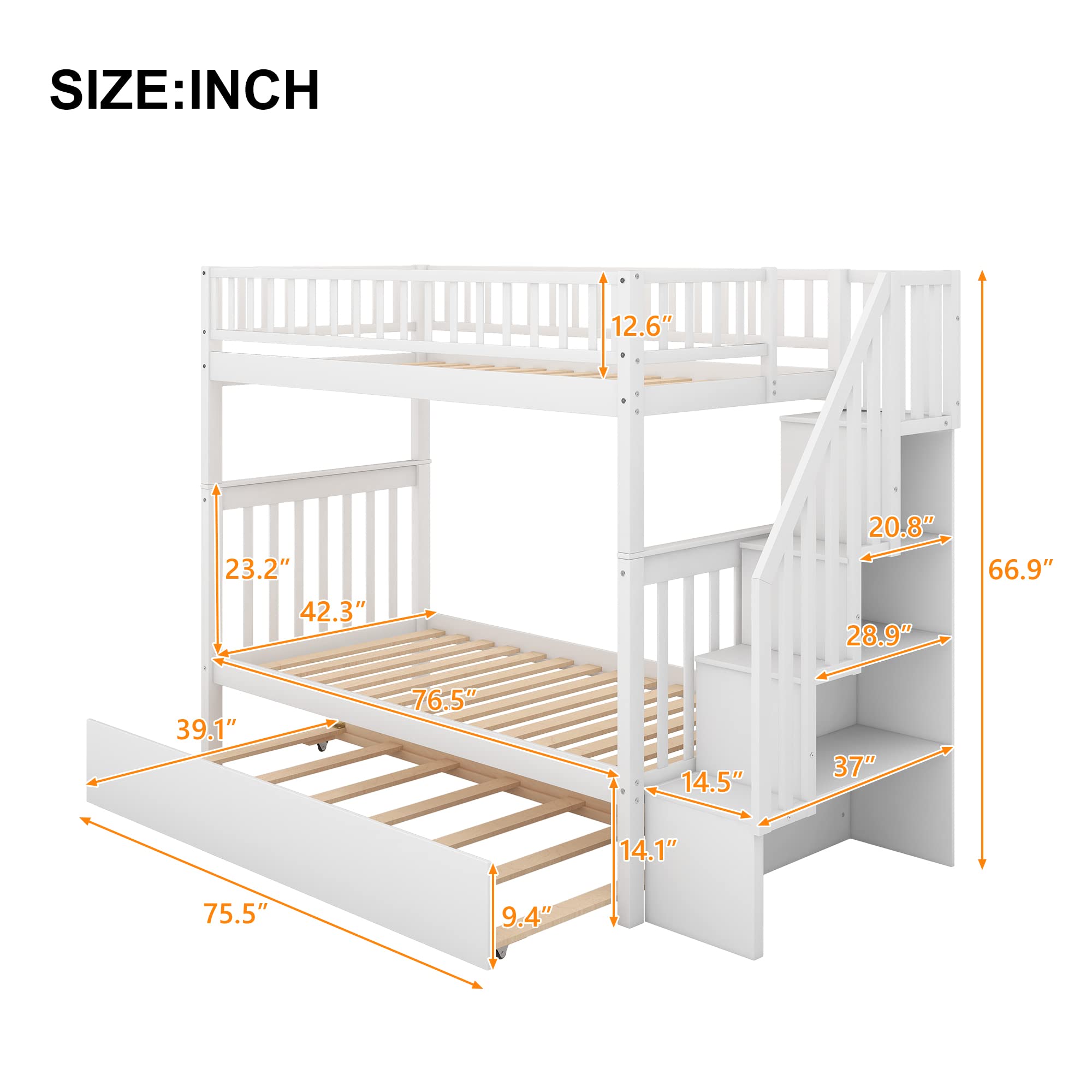 Harper & Bright Designs Bunk Beds Twin Over Twin Size, Solid Wood Bunk Beds with Trundle and Stairs for Kids,Teens,Adults (White, Bunk Bed with Trundle)