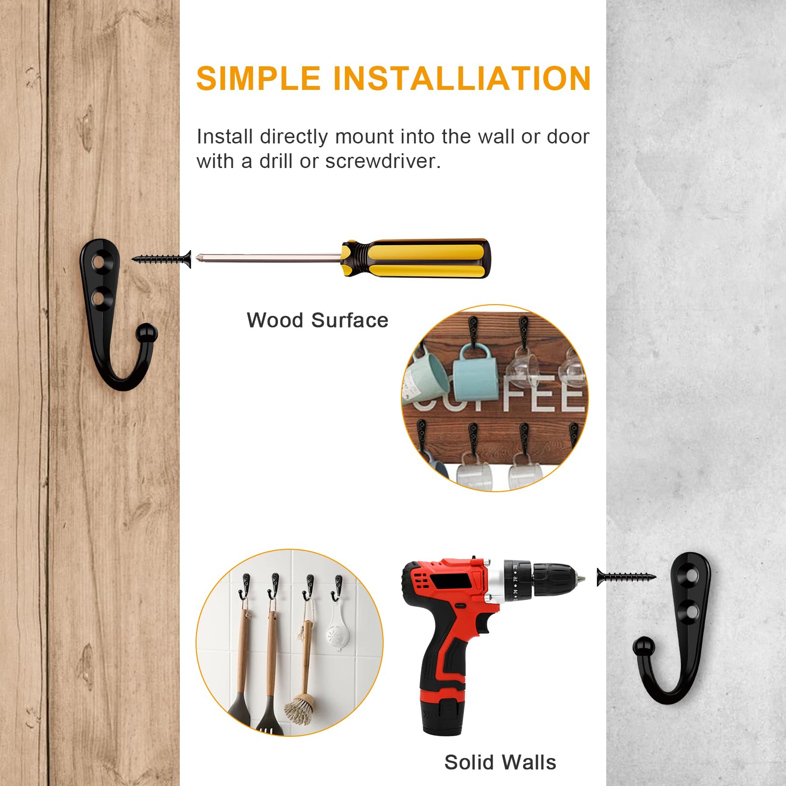 Poeuo 20 Pcs Black Wall Mounted Coat Hooks, Coat Hook Holder, Hanger Hook with 40 Pieces Screws for Hanging Hat, Towel, Robe, Cup, Mugs, Kitchen