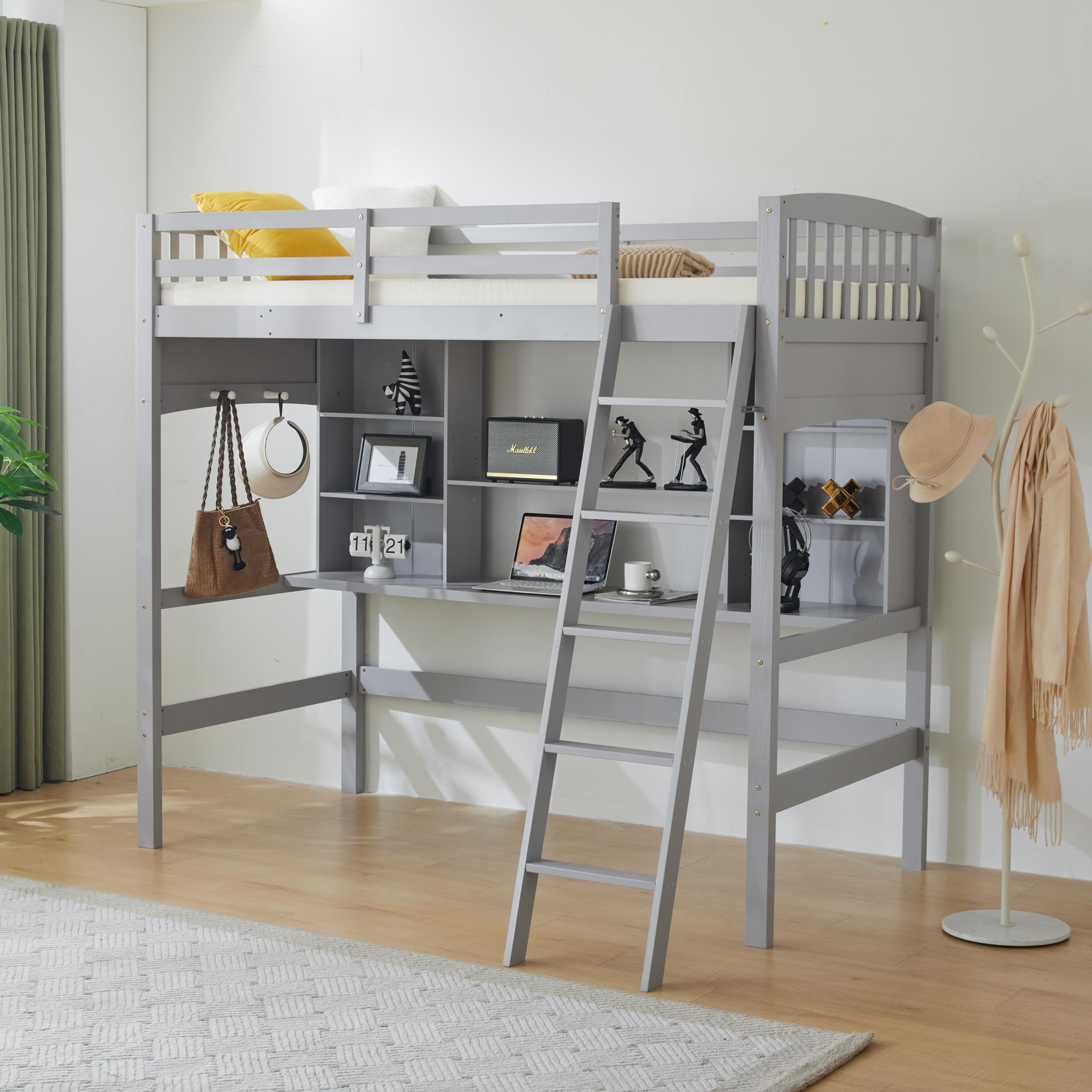 Karl home Loft Bed Twin Size, Wood Bed Frame with Safety Guardrails and Inclined Ladders, Bunk Bed with Desk and Shelves, Grey