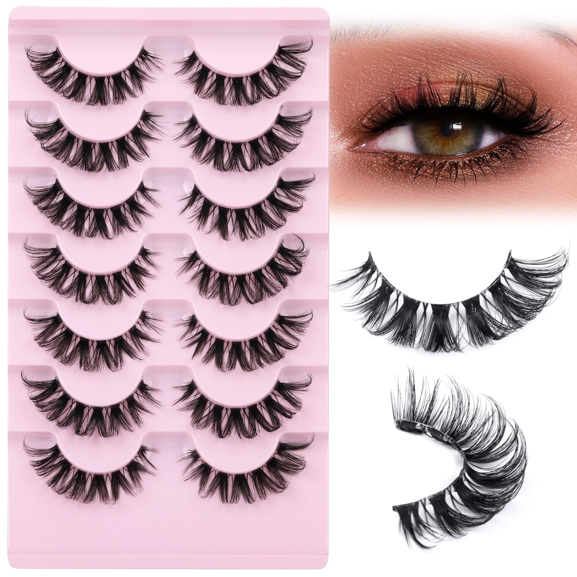 JIMIRE False Eyelashes Natural Clear Band Demi-Wispies Cat Eye Lashes Fluffy CC Curl Strip Faux Mink Eyelashes Natural Look Like Eyelash Extensions 15MM Soft Lashes 7 Pairs Pack
