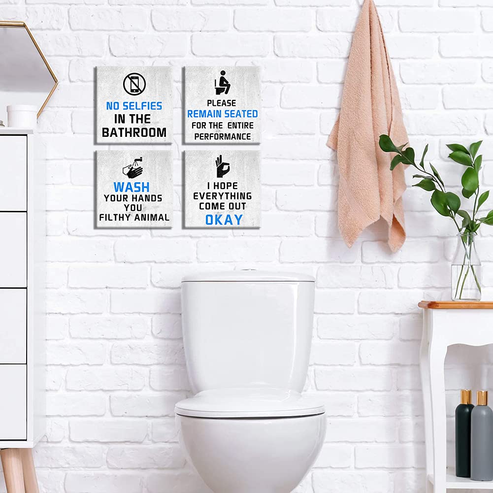 Funny Bathroom Signs Wall Decor Prints Framed Great Quotes and Sayings Canvas Wall Art Painting for Bathroom Decoration 4 Panels
