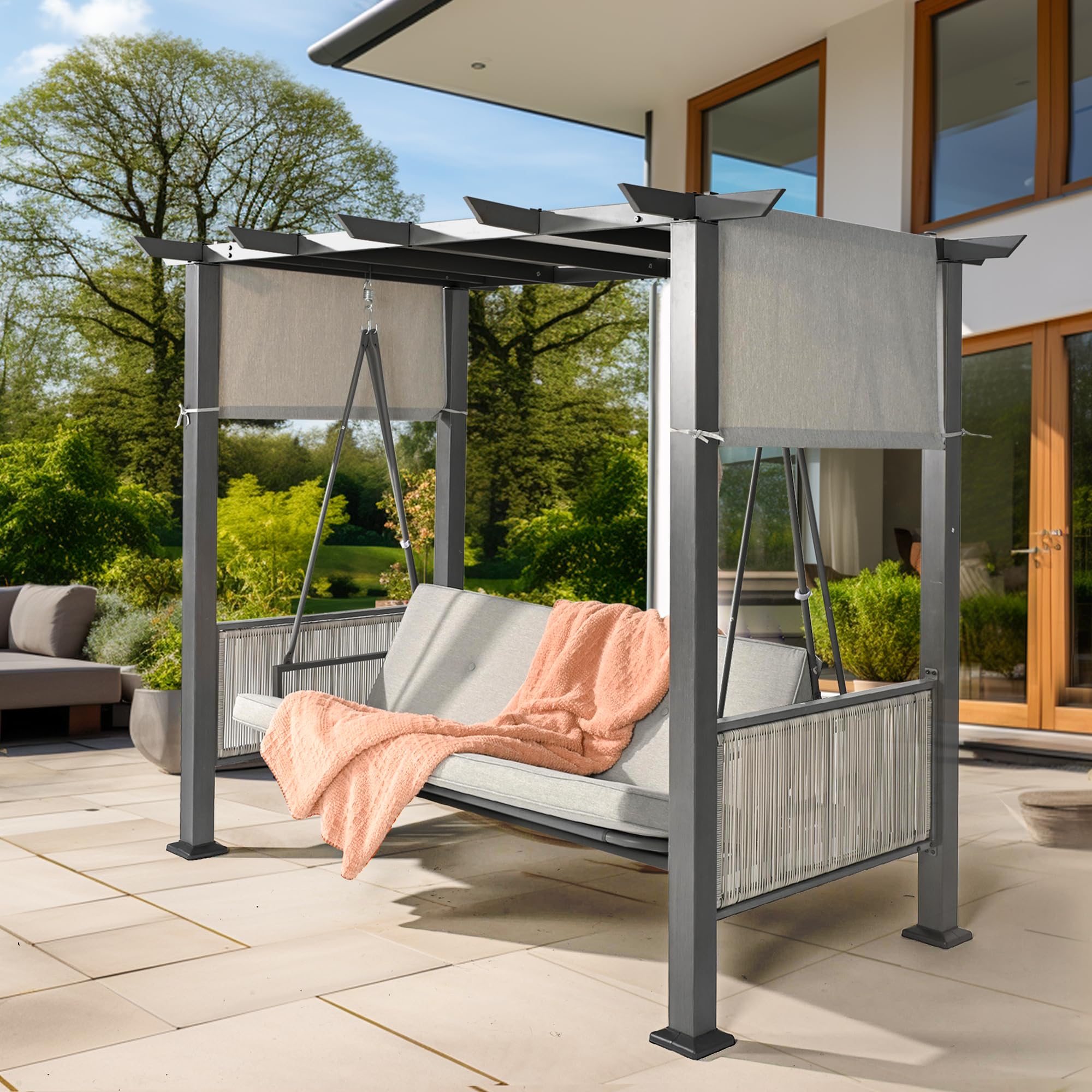 PAMAPIC 3-Seat Patio Swing Chair,Outdoor Patio Swing Bed with Adjustable Curtains,Porch Swing Bed for Balconies, Gardens and Poolside,Grey