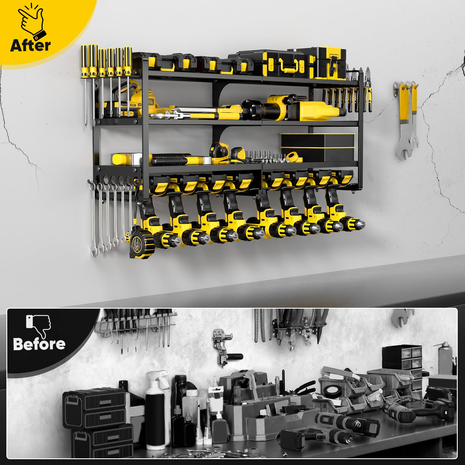 POKIPO Large Power Tool Organizer Wall Mount, Heavy Duty Widen 8 Drill Holder, 4 Layers Cordless Tool Storage Rack, Utility Racks Shelf for Garage