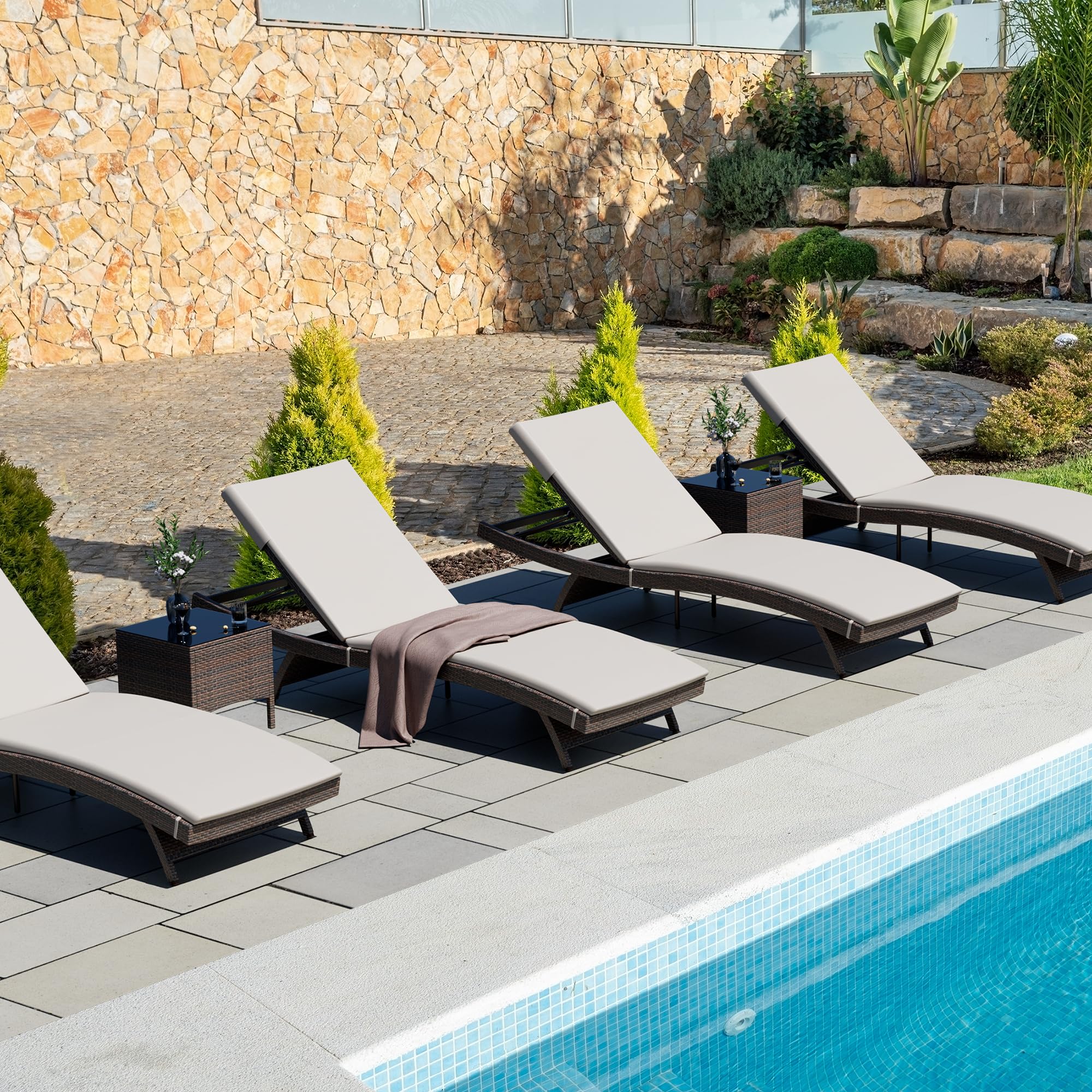 Pamapic Patio Chaise Lounge Set 6 Pieces,Patio Lounge Chair with Adjustable Backrest and Removable Cushion, Outdoor Pool Lounge Chair Set for Patio Poolside Backyard Porch