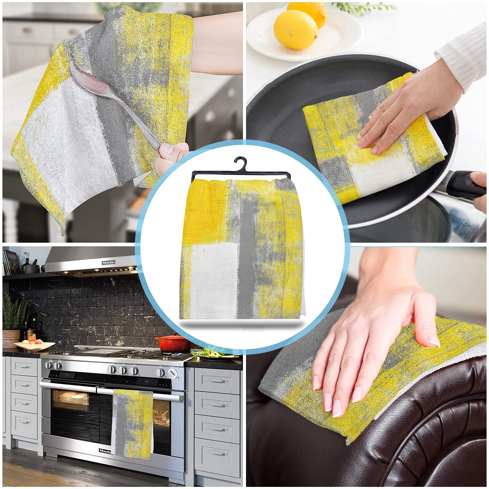 Grey and Yellow Kitchen Towels Set of 2, Abstract Art Painting Absorbent Dish Towel for Kitchen Microfiber Dish Cloths for Drying and Cleaning Reusable Cleaning Cloths Modern Doodle Decor 18x28in