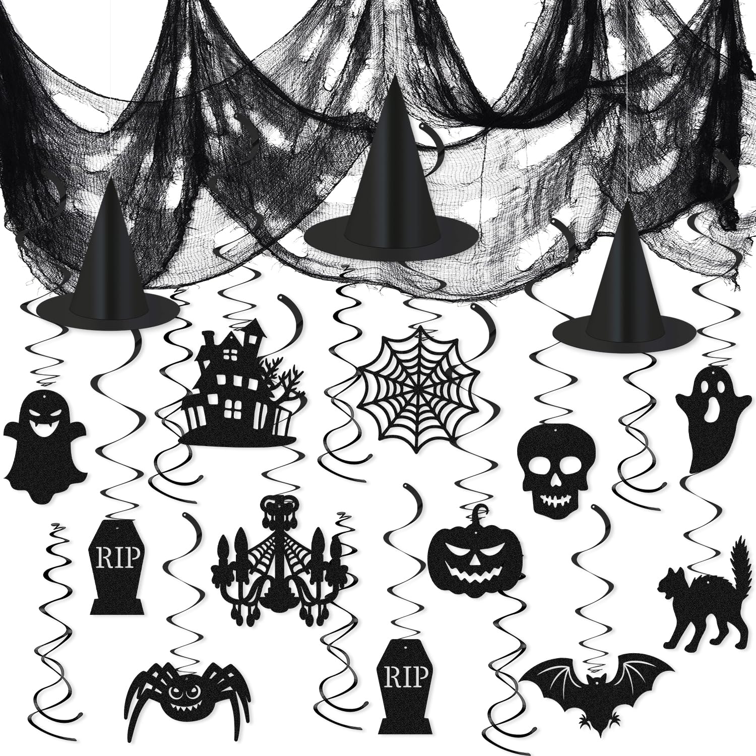 Levvcirki 35 PCS Halloween Party Decorations Hanging Swirl with Horror Pattern Witches Hat Black Creepy Cloth for Halloween Scary Theme Party Supplies