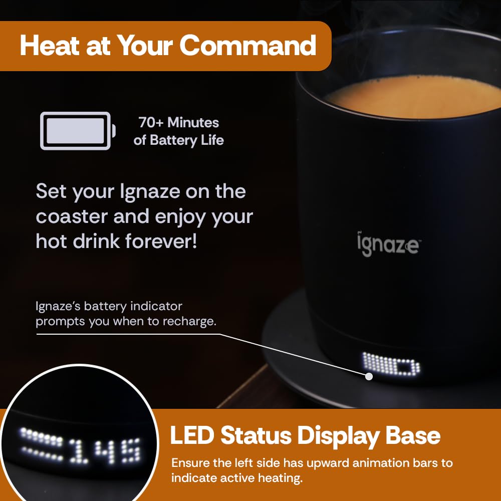 Ignaze - Temperature Controlled Self Heating Smart Mug - ThermoTech Led Status Display with 70 Min Lithium Rechargeable Battery Life, 5 Heated Temp Control Settings, Auto/Off Coffee Cup (Black - 11oz)