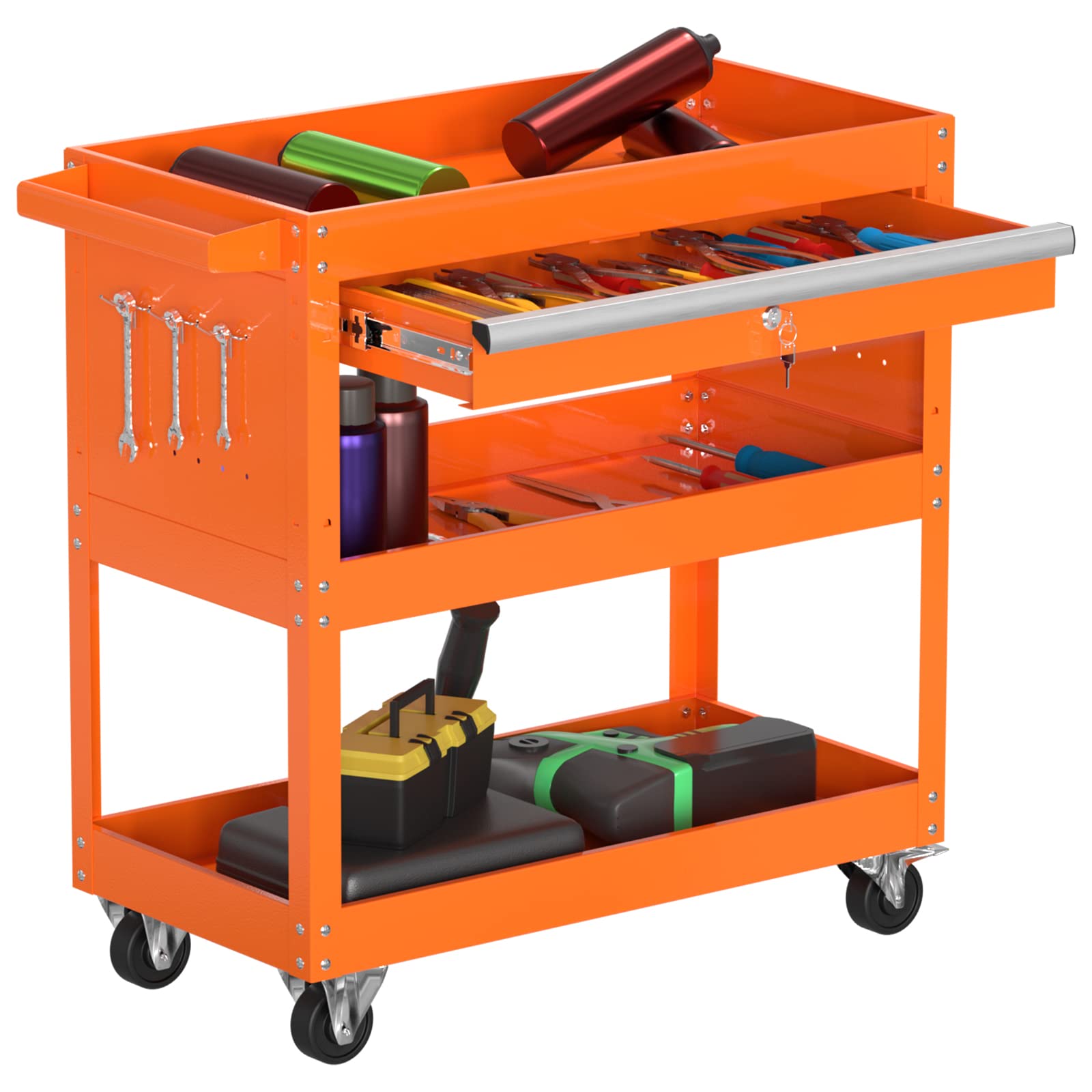 Generic 3-Tray Tool Cart on Wheels, Orange, 300 Lbs Capacity, with Drawers, Rolling Tool Cart, Ideal for Garage, Warehouse, Repair Shop