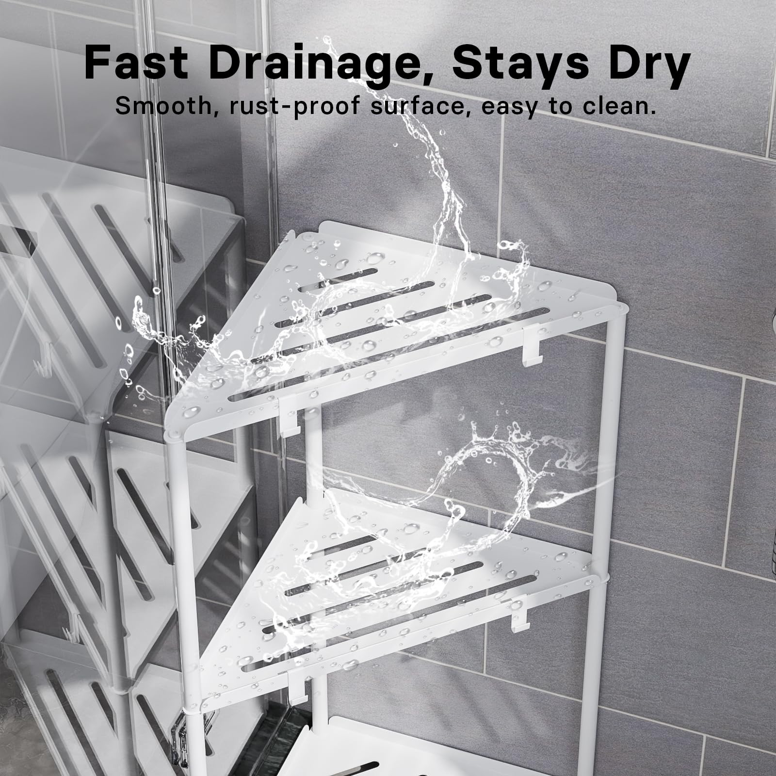 Kawaiita Corner Shower Caddy Stand, 3 Tier Floor Shower Organizer Stands for Inside Shower, Bathtub, Bathroom Corner Shower Shelf Rack with Adjustable Feet & 4 Hooks, Metal, White