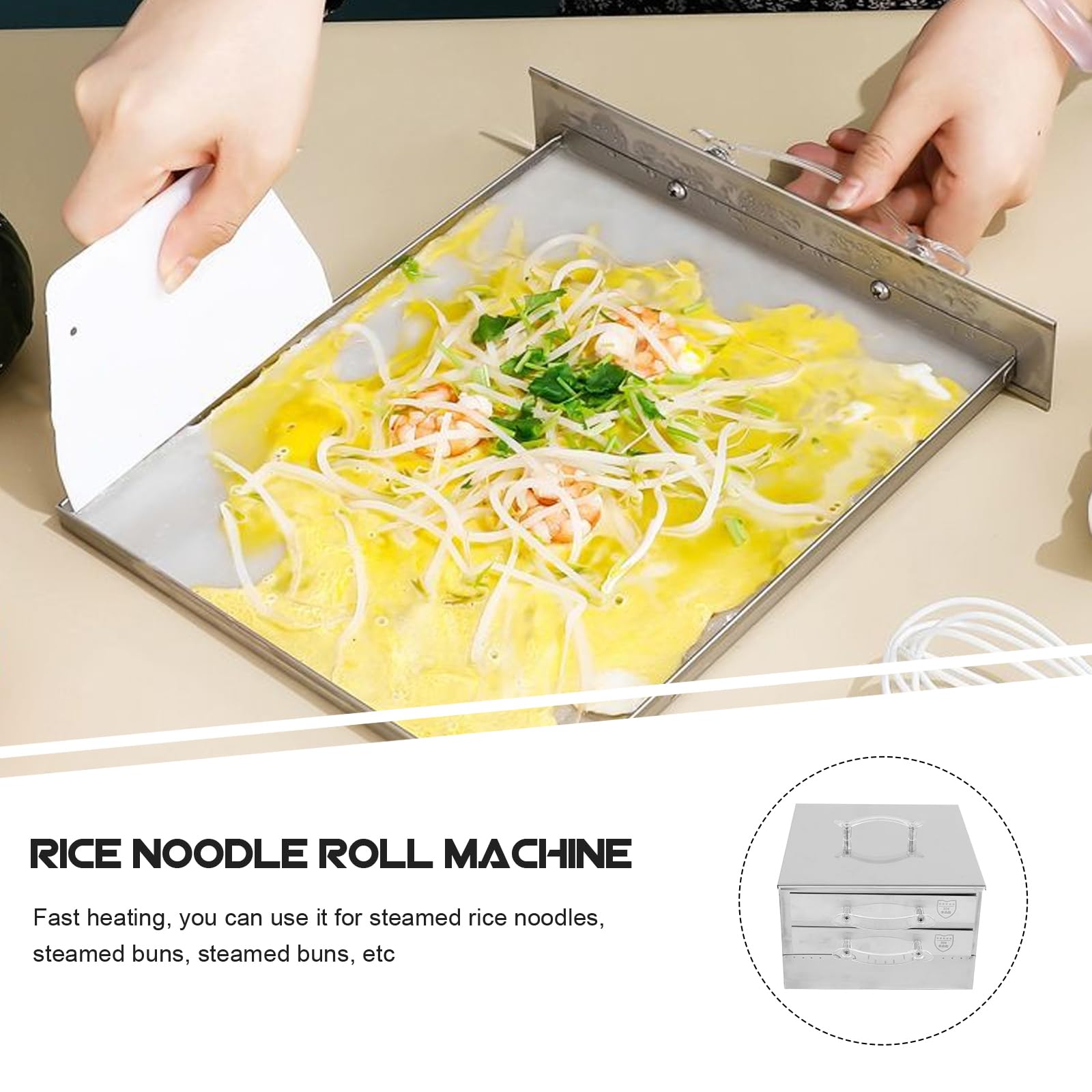 Rice Noodle Roll Steamer Machine - 2 Layers 2 Trays Chinese Cantonese Cheung Fun Changfen Maker for Commercial and Home Use with Extra Stainless Steel Holed Steam Tray and Long Handle
