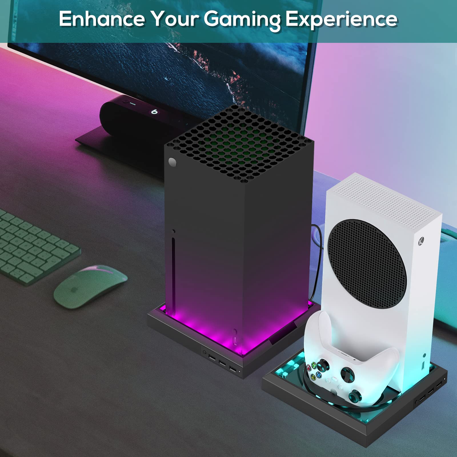 FYOUNG LED Light Stand Station for Xbox Series X/S with 3 Ports USB Hub, 2.0 High Speed USB Hub Splitter and Colorful RGB Light Stand Compatible with Xbox Series X/S Console