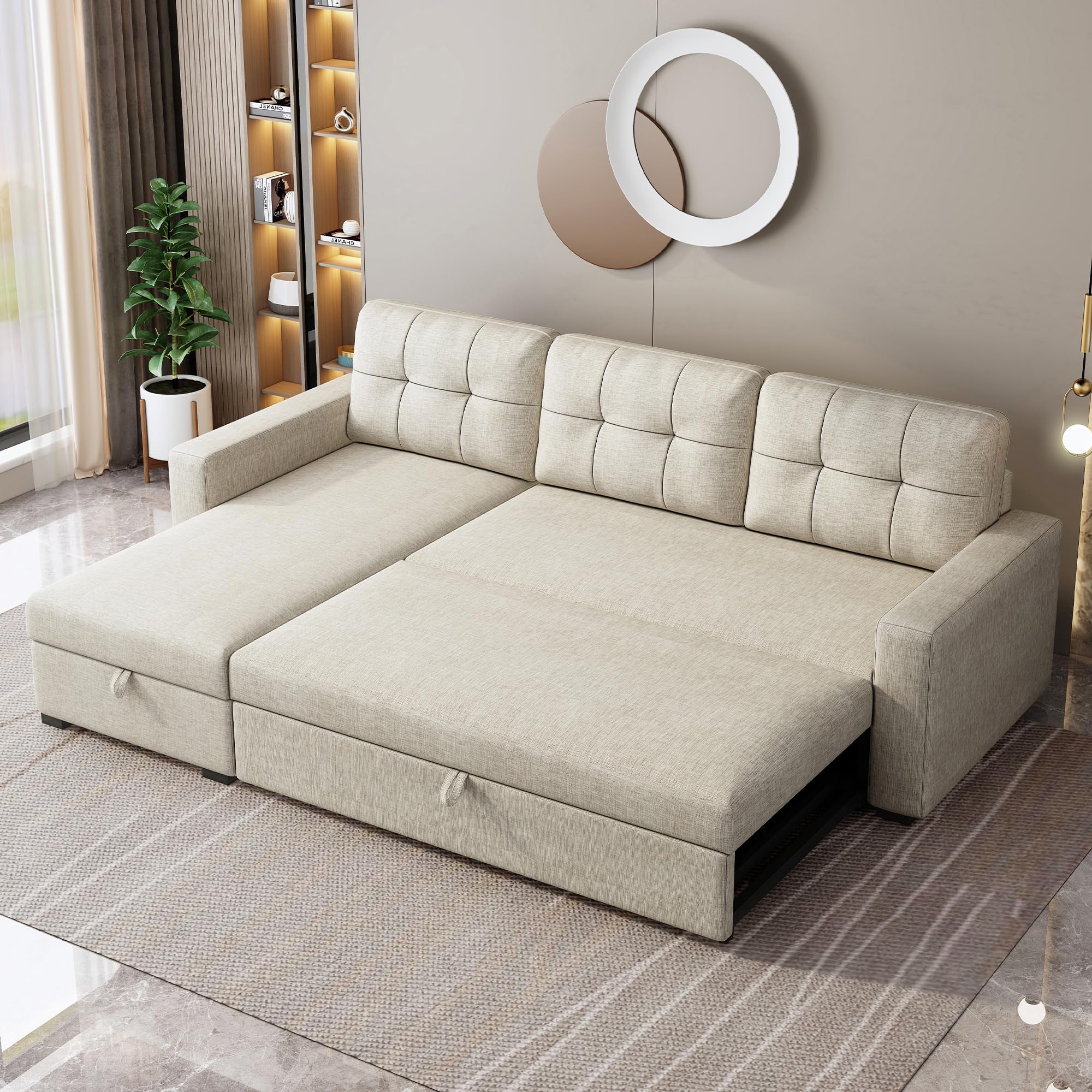 Jintop Upholstered Sectional Storage Chaise and Pull, L-Shape Convertible Corner Couch, Reversible Sleeper Sofa-Bed,W/ 3 Back Cushions,for Living Room,Office,(Dark Grey)
