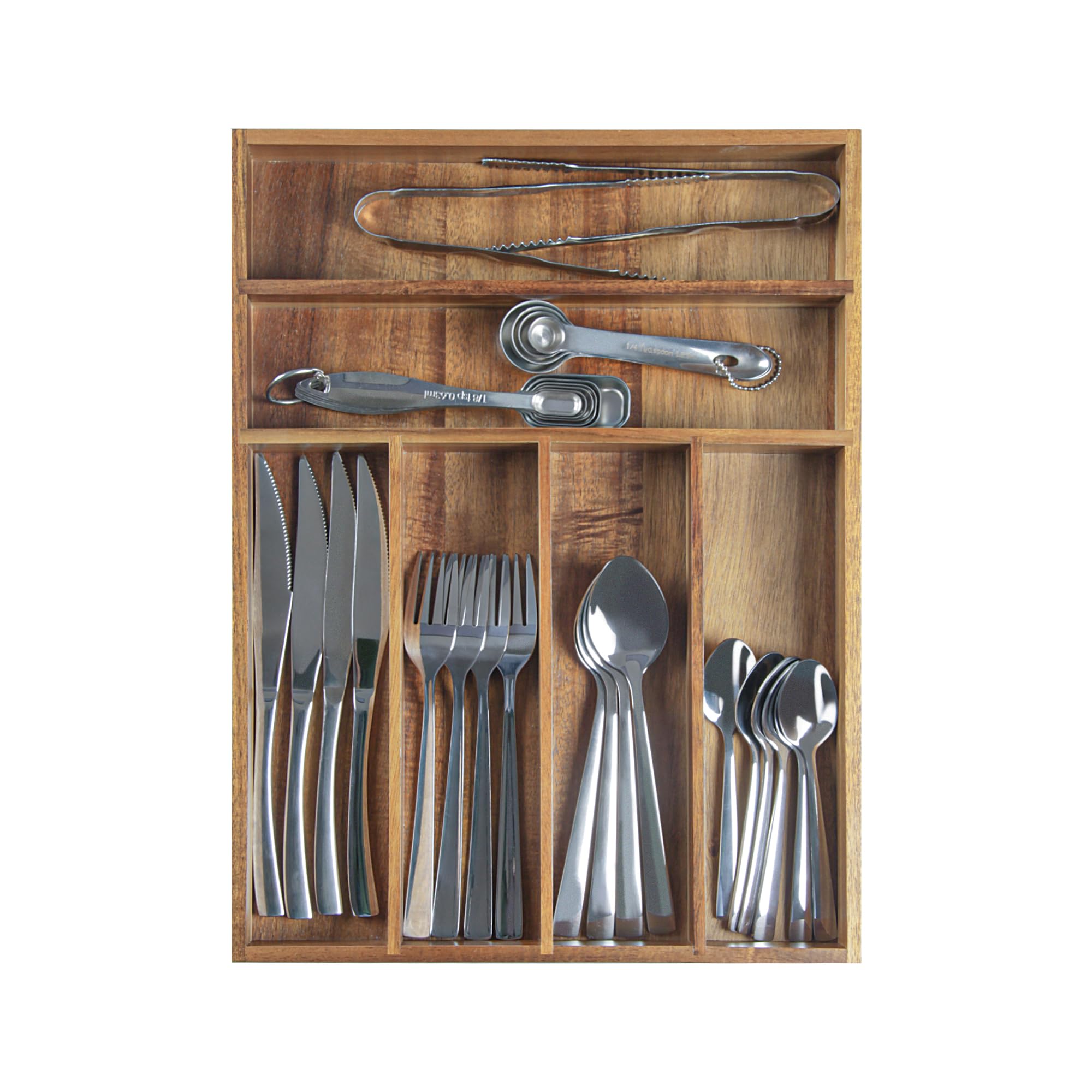KITEISCAT Acacia Wood Silverware Organizer, Kitchen Utensil Drawer Organizer for Forks, Knives & Spoons, 6-Compartment Cutlery Tray, Flatware Holder