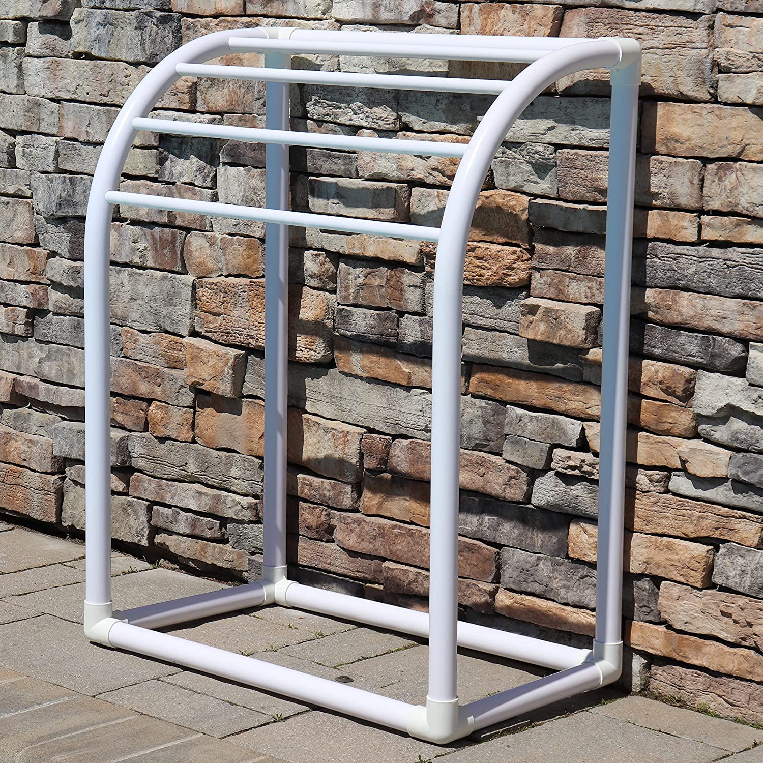Pool Bins 5 Bar Curved Towel Rack - Free Standing Poolside Storage Organizer - Also Stores Floats, Paddles and Noodles, (23" L x 37.5" W x 49.5 H), White