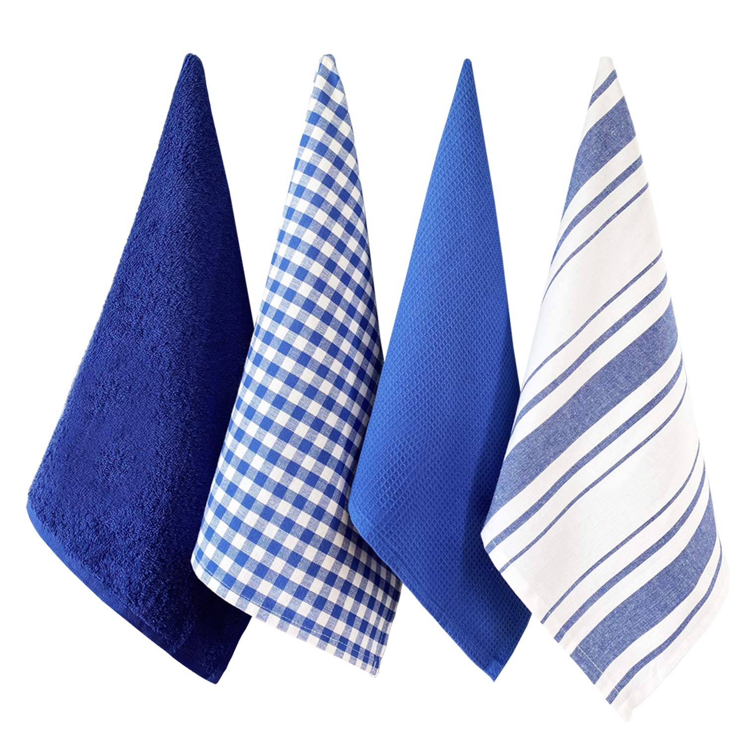 ELOMELO 100% Cotton Kitchen Towel Set with Hanging Loop - Terry, Waffle, Flat Combo Dish Towels for Kitchen - Check, Stripe, Plain Tea Towel Pack of 4, 25x16 in Blue White