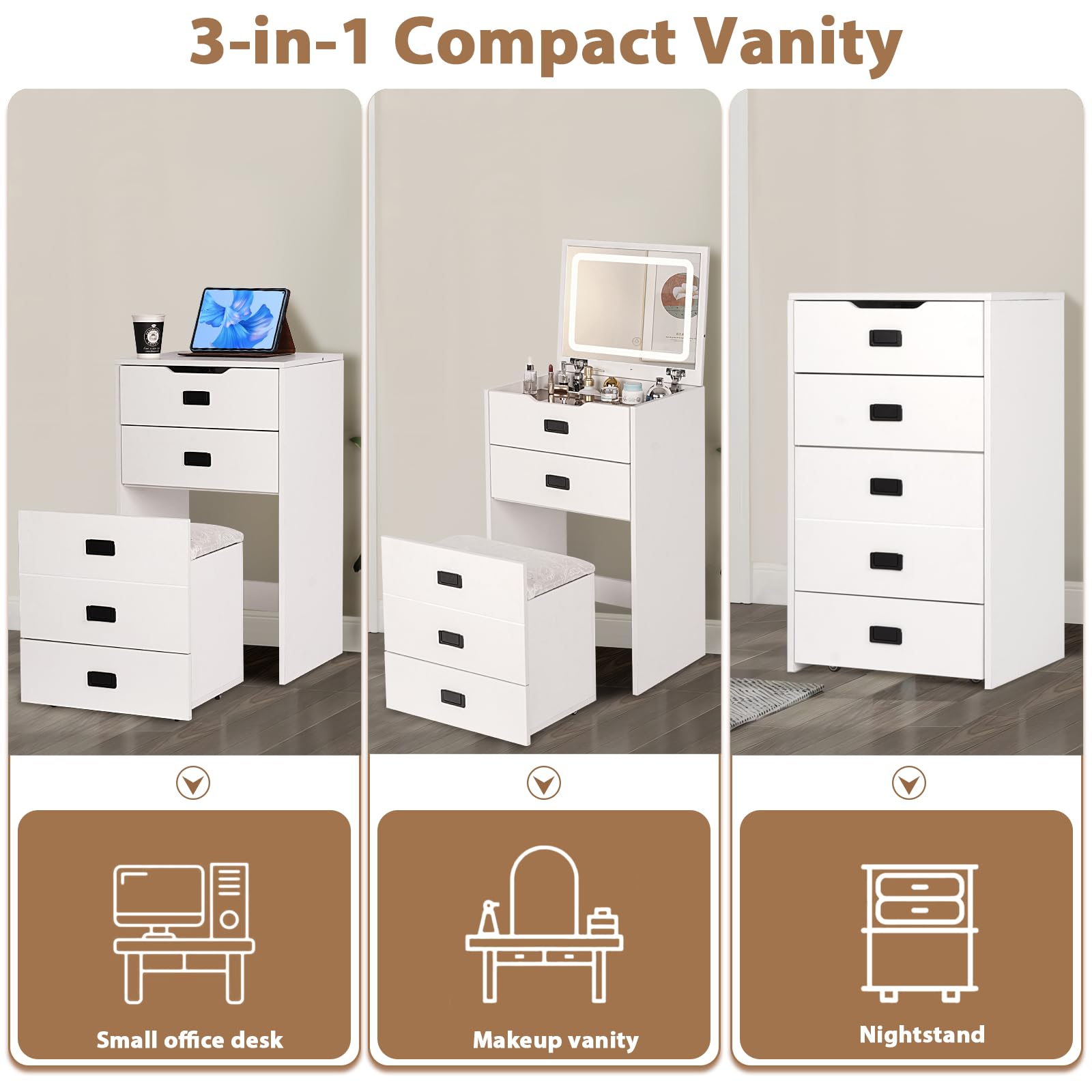 HVCBOSS 3 in 1 Vanity Desk with Plip Top Mirror, LED Light Small Make Up Vanity Set with Visible Glass Desktop, Compact Makeup Vanity with 4 Drawers, Dressing Table for Bedroom, White