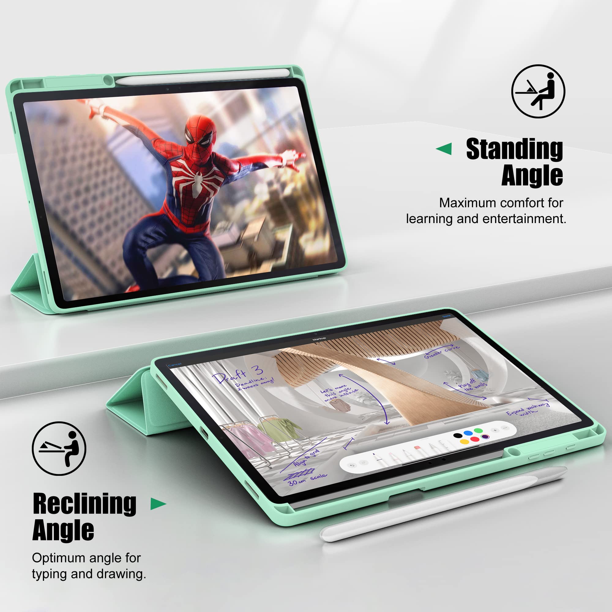 QitayoLife Hybrid Slim Case for Galaxy Tab S7 FE with Screen Protector, Clear Transparent Shockproof Back Cover with S Pen Holder Auto Wake/Sleep for Samsung Galaxy Tab S7 FE 12.4 Inch (Tea Green)