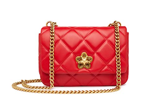 Women Quilted Crossbody Bag Genuine Leather Clutch Purse with Chain Strap Ladies Small Shoulder Handbags - Star Red