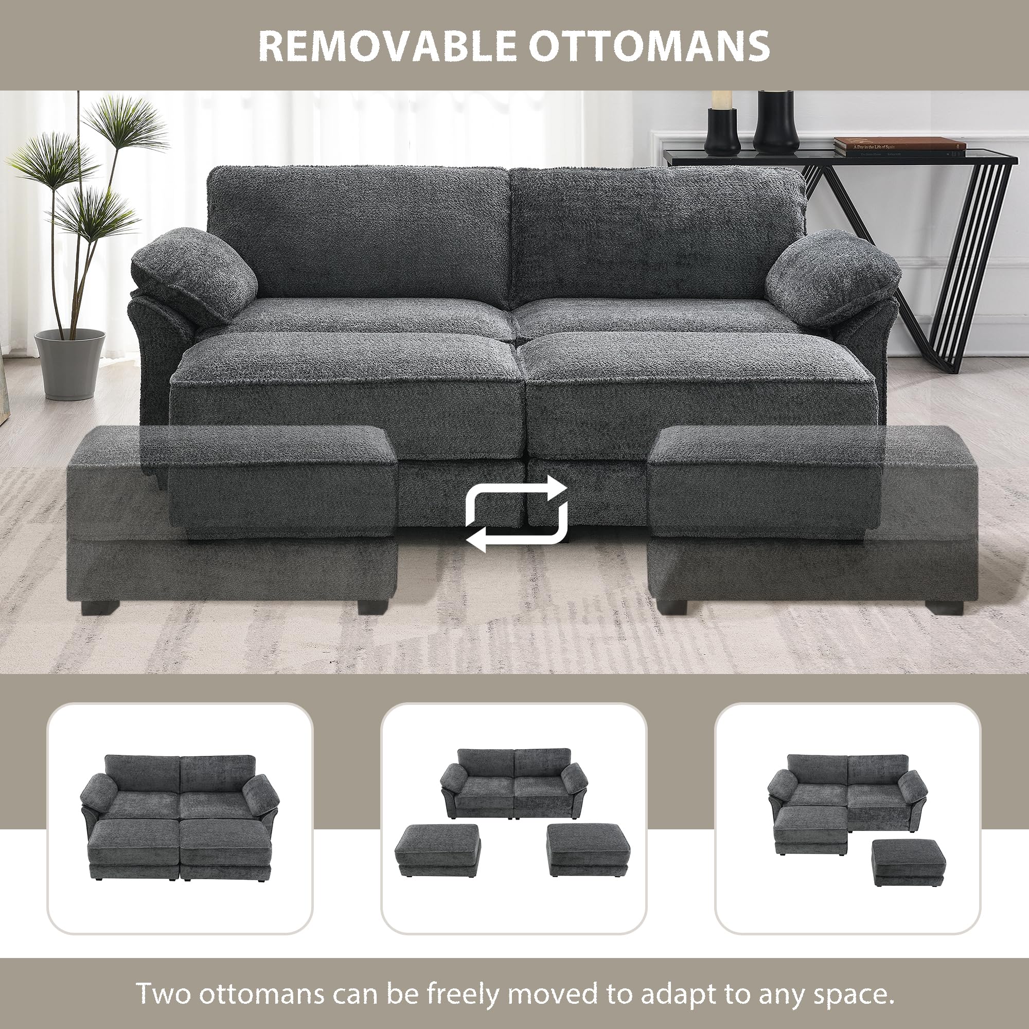 KIVENJAJA 81” Oversized Loveseat with 2 Ottomans, Comfy Chenille Modular Sectional Cloud Couch, Double Chaise Sleeper Sofa Bed for Living Room Apartment Small Space, Grey
