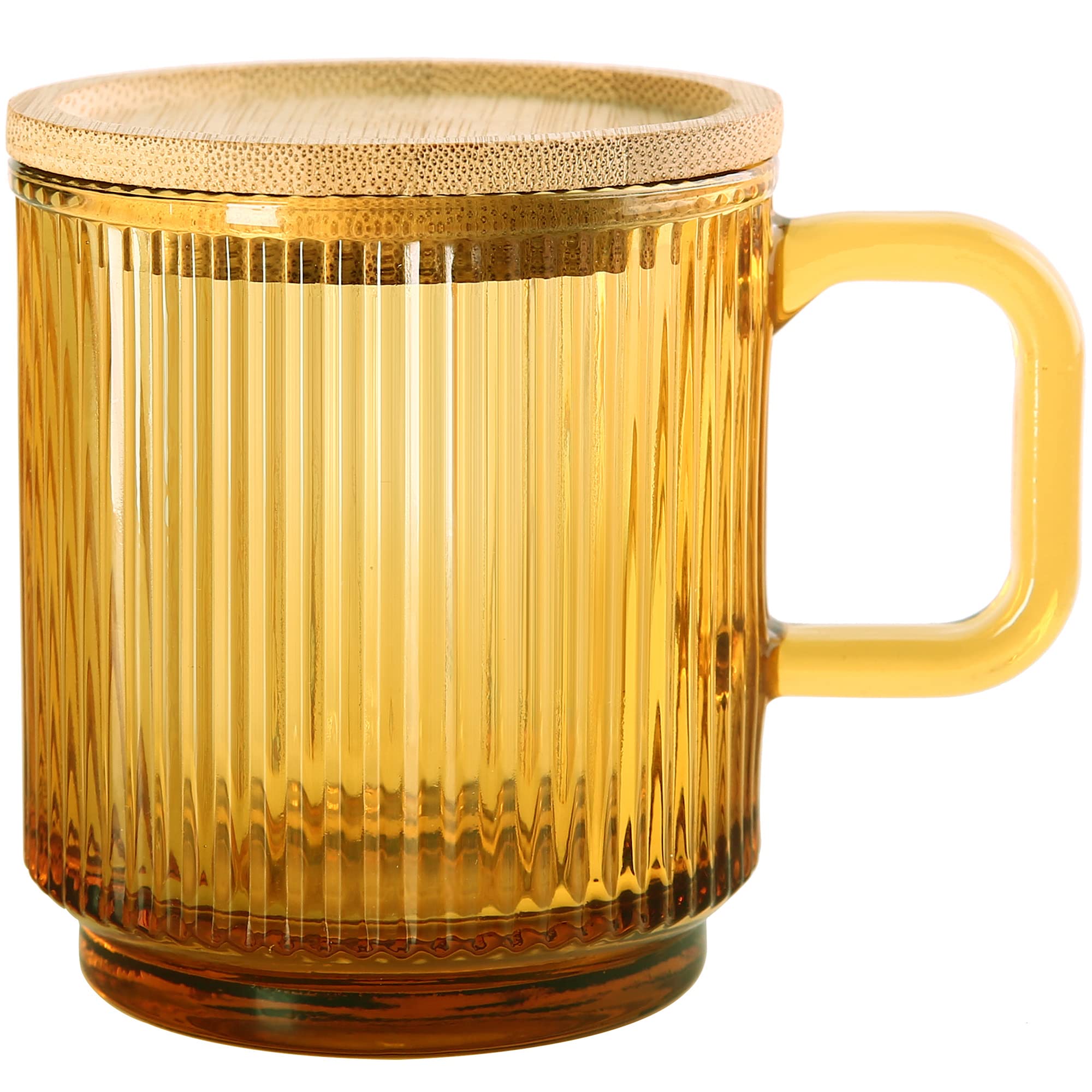 Lysenn Glass Coffee Mug with Lid - Premium Classical Vertical Stripes Glass Tea Cup - for Latte, Tea, Chocolate, Juice, Water - Lead-Free - Bamboo Lid - Amethyst Purple