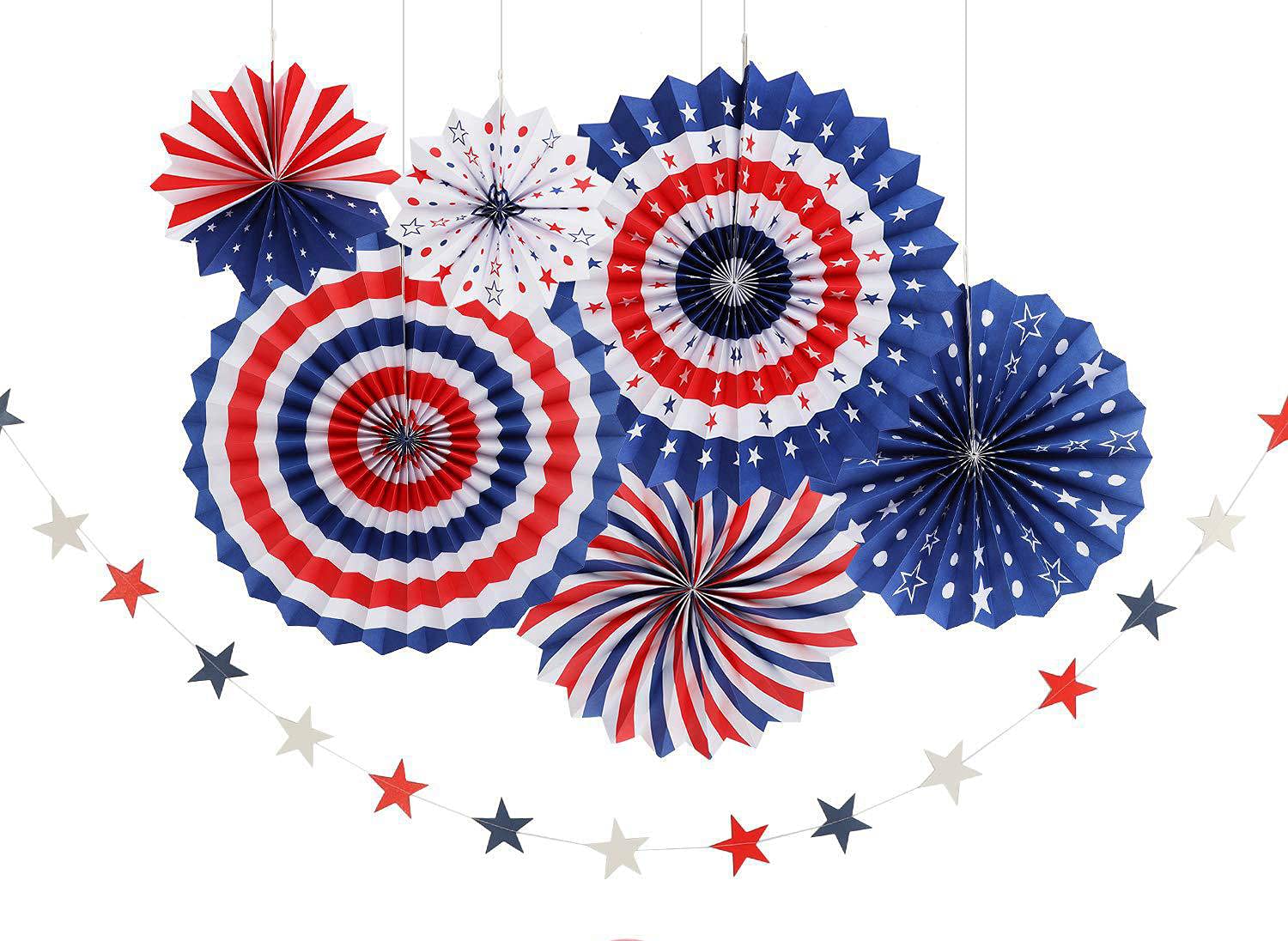 Risshine 4th/Fourth of July Patriotic Party Decorations Set- Red White/Silver Blue Star Streamers and 6Pcs Red White Blue Hanging Paper Fans for American Independence Day Party Decor Supplies