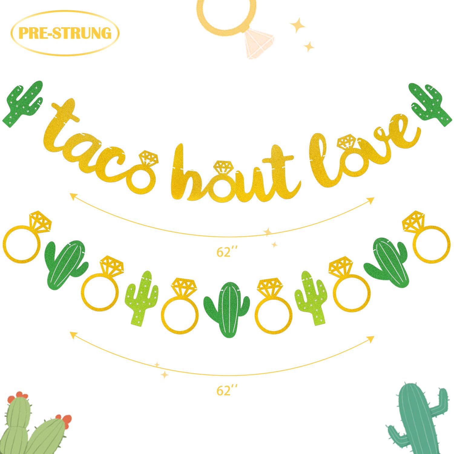 Taco Bout Love Banner Gold Glitter Bachelorette Wedding Engagement Bridal Shower Backdrop Mexican Fiesta Themed Party Supplies Decorations 2 Set
