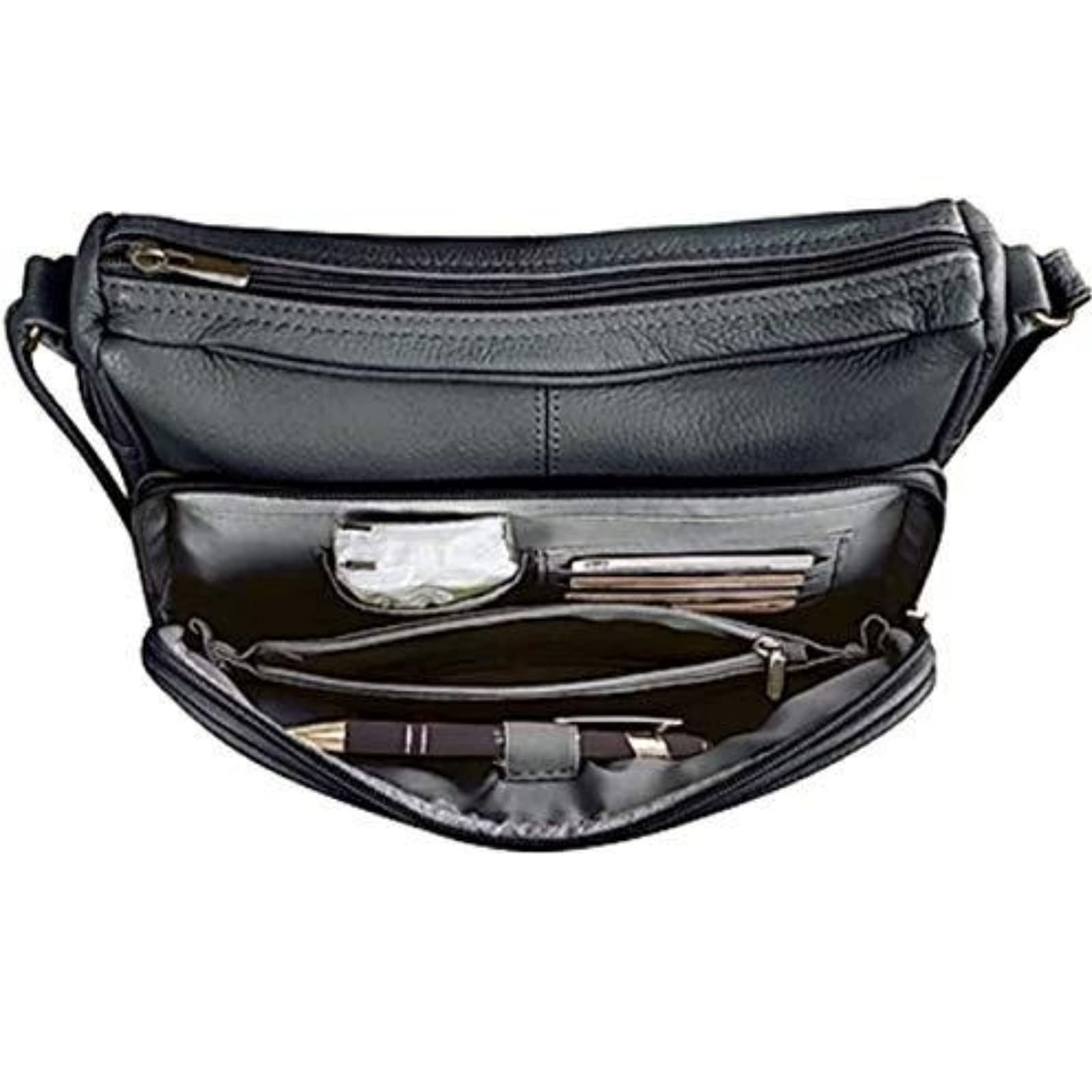 Women's Leather Organizer Purse Shoulder Bag Multiple Pockets Cross Body Handbag (Black) Regular