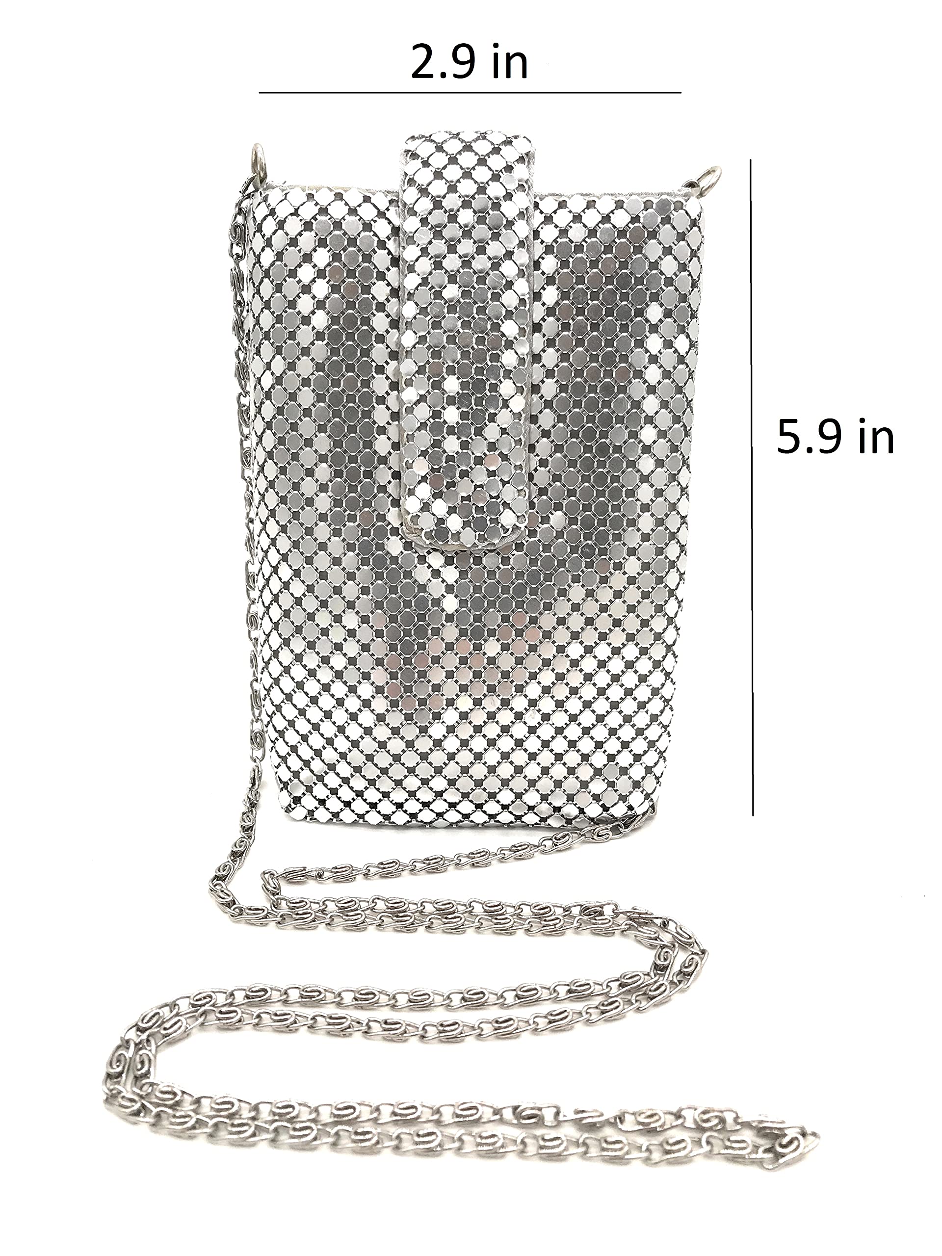 Women's Metal Mesh Small Cell Phone Pouch Bag Case Cross-Body Shoulder Strap (Silver)