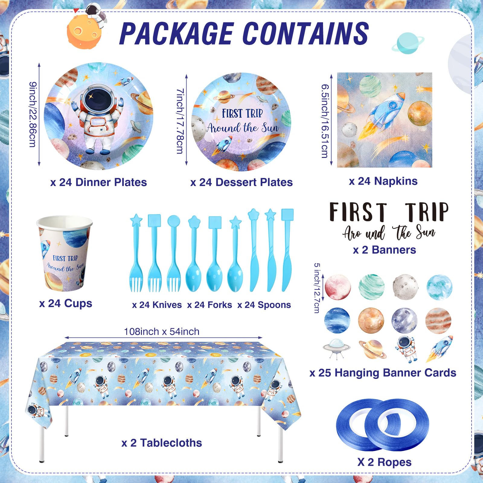 Pasimy 175 Pcs First Trip Around the Sun Birthday Party Supplies Outer Space 1st Birthday Decorations Plates Banner Napkins Tablecloth Solar System Galaxy Tableware Set Baby Shower Decor for 24 Guests