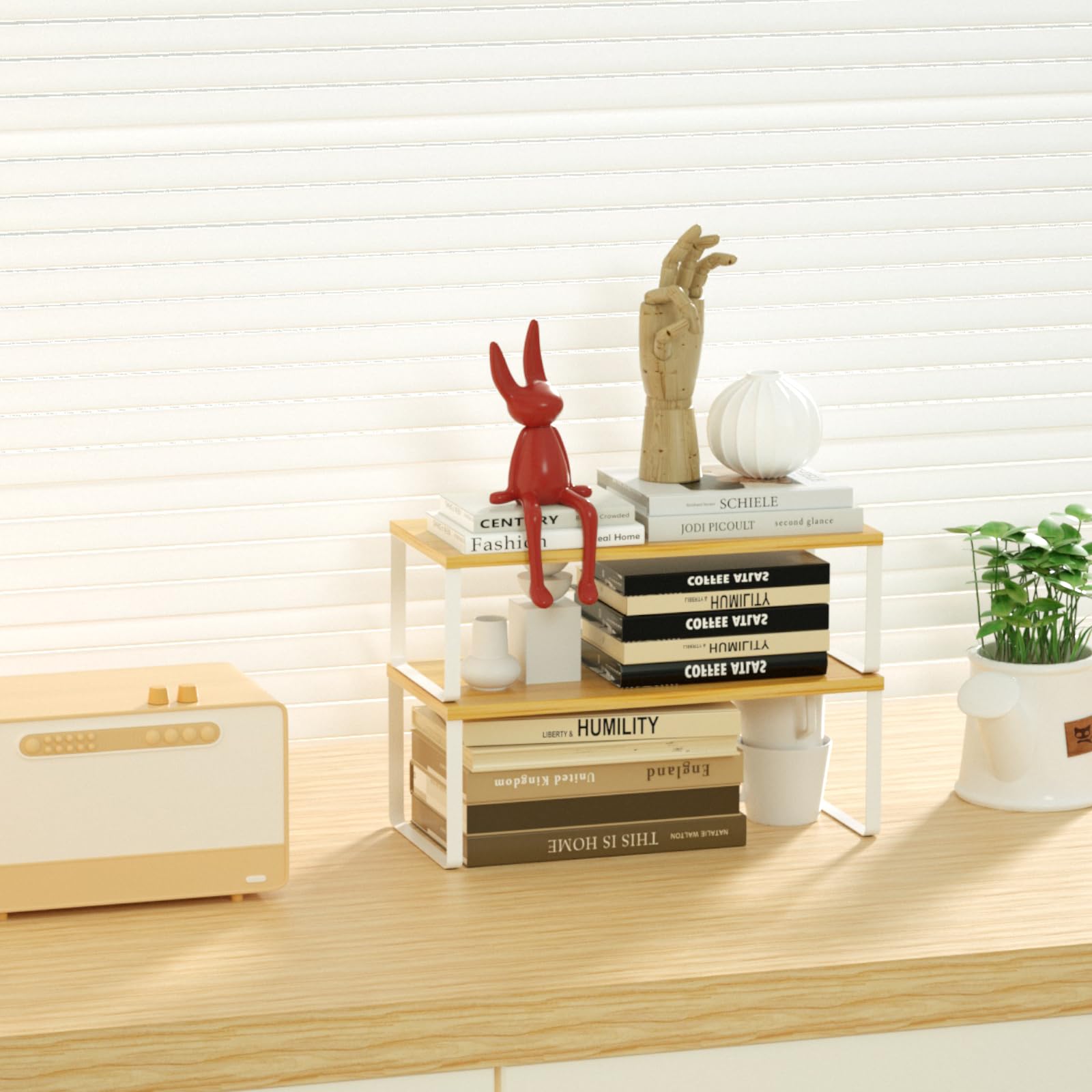 NEX Kitchen Cabinet and Counter Shelf Organizer, Stackable & Expandable, Set of 4, White and Natural - 7.7 x 15.6 x 6.2''