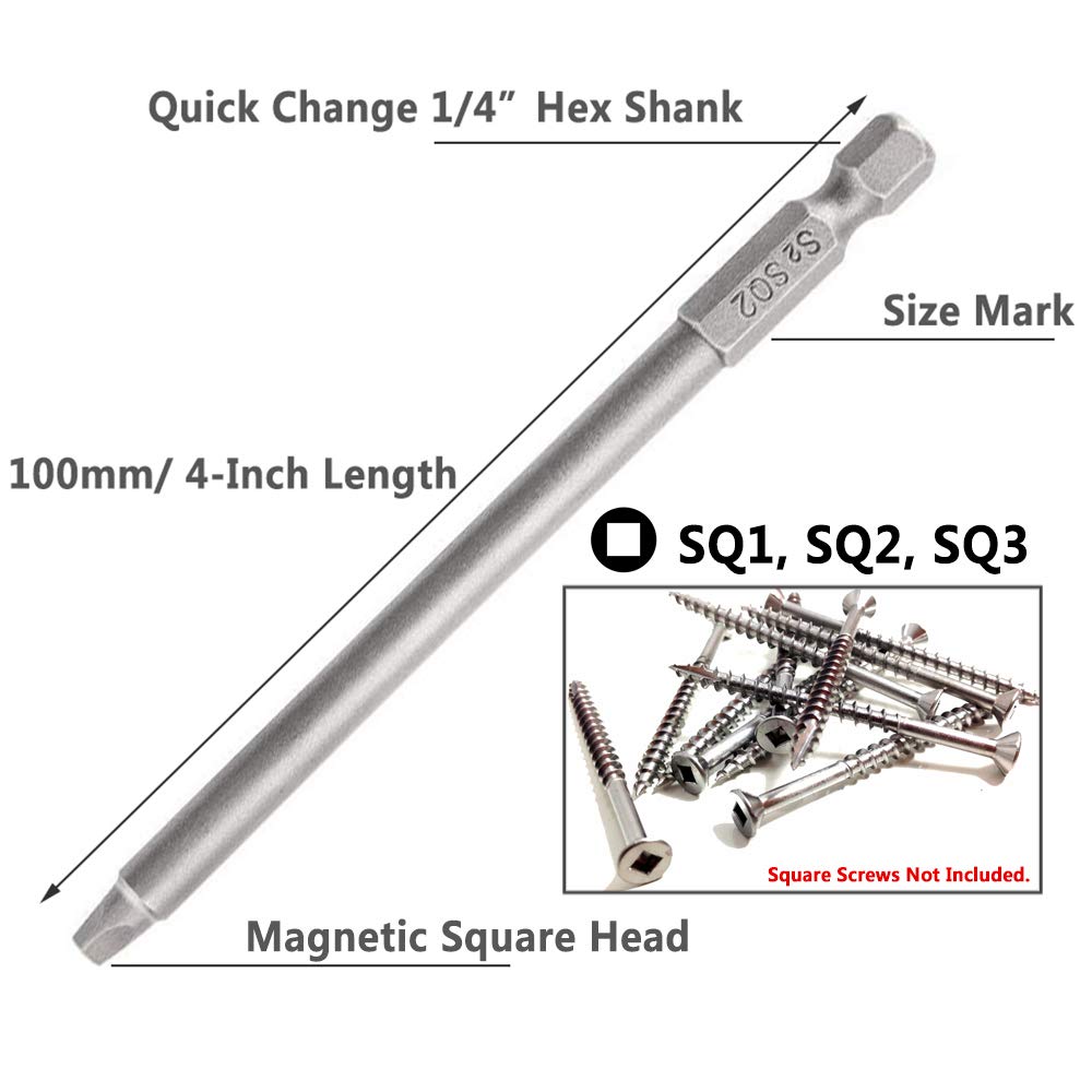 Yakamoz 3 Set of 3Pcs 1/4-Inch Shank 4-Inch Length Long Magnetic Square Head Screwdriver Bits Set Power Tools SQ1 SQ2 SQ3