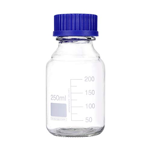 Pastein 10 Pieces 250 mL Graduated Round Reagent Media/Storage Glass Bottle With GL45 Blue Polypropylene Screw Cap