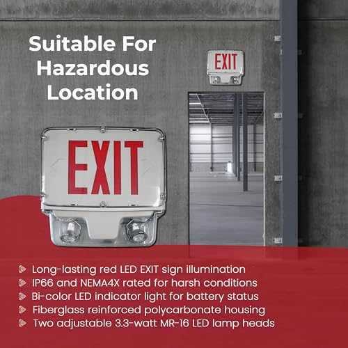 Hazardous Location Class 1 Div 2 Emergency Hard Wired Exit Sign with Lights - Voltage 120V/277V High-Performance LED, IP66 & NEMA4X Rated, Red Illumination, Adjustable MR-16 Heads