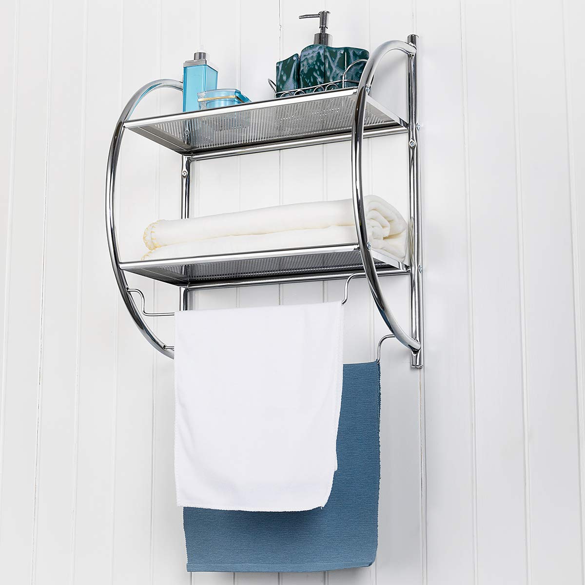 Tangkula Bathroom Shelf, 2 Tier Wall Mounted Bathroom Shelves with Bars, Double Layer Ventilate Racks, Rustproof Chrome Over Toilet Wall Shelf, Bathroom Organizer for Kitchen, Living Room
