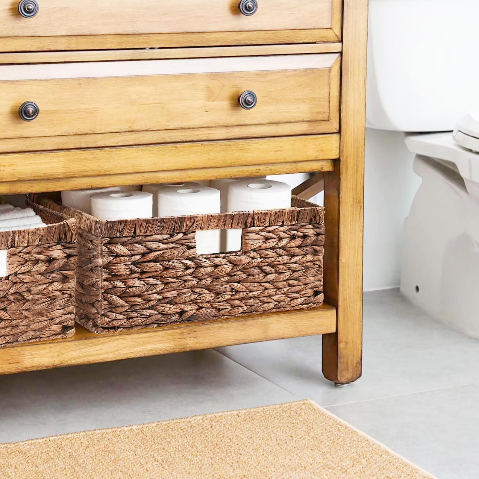 LGENHOOM Large Wicker Storage Basket, Woven Basket with Built-in Handles, Water Hyacinth Basket Storage, Rectangular Organizer Basket, Natural Wicker Baskets (Brown Water Hyacinth 16.5 x 12.6 x 6.7)